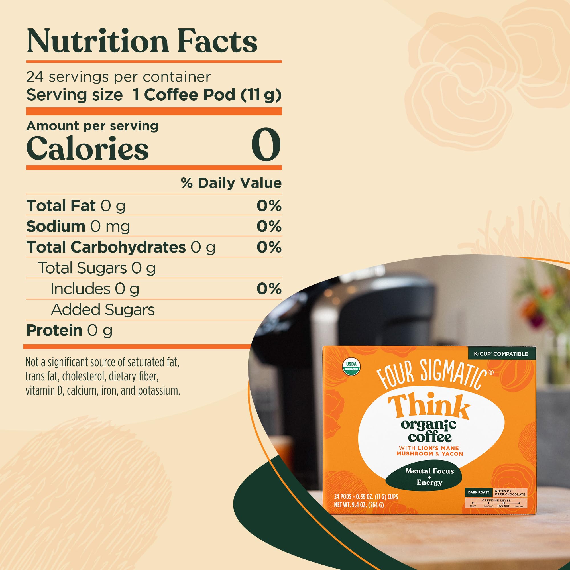 Mushroom Coffee K-Cups by Four Sigmatic | Organic and Fair Trade Dark Roast Coffee with Lion’s Mane, Chaga & Mushroom Powder | Focus & Immune Support | Vegan & Keto | Sustainable Pods | 24 Count
