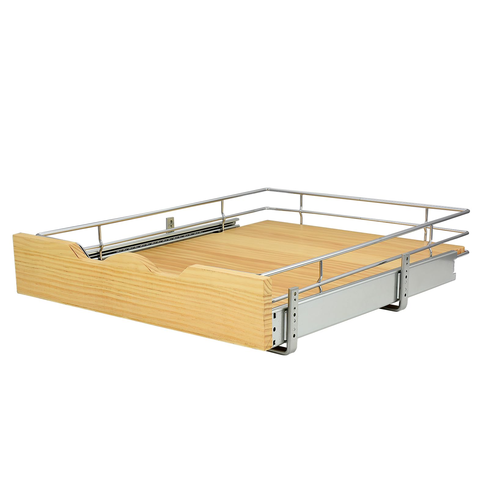 DINDON Pull Out Cabinet Organizer (14" W x 21" D),1 Tier Slide Out Shelf, Shelves Organization and Storage for Kitchen Under Sink Space, Wood and Wire Basket