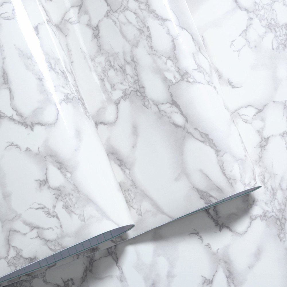 MULLSAN White Grey Marble Gloss Vinyl Film Paper 24''x118'' Roll