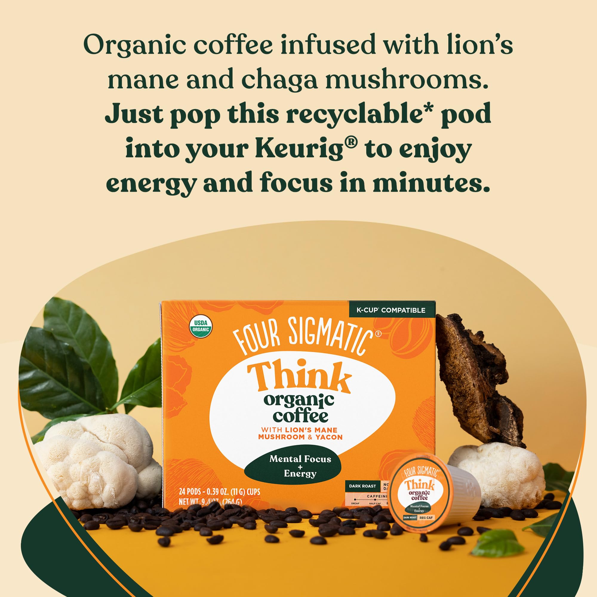 Mushroom Coffee K-Cups by Four Sigmatic | Organic and Fair Trade Dark Roast Coffee with Lion’s Mane, Chaga & Mushroom Powder | Focus & Immune Support | Vegan & Keto | Sustainable Pods | 24 Count