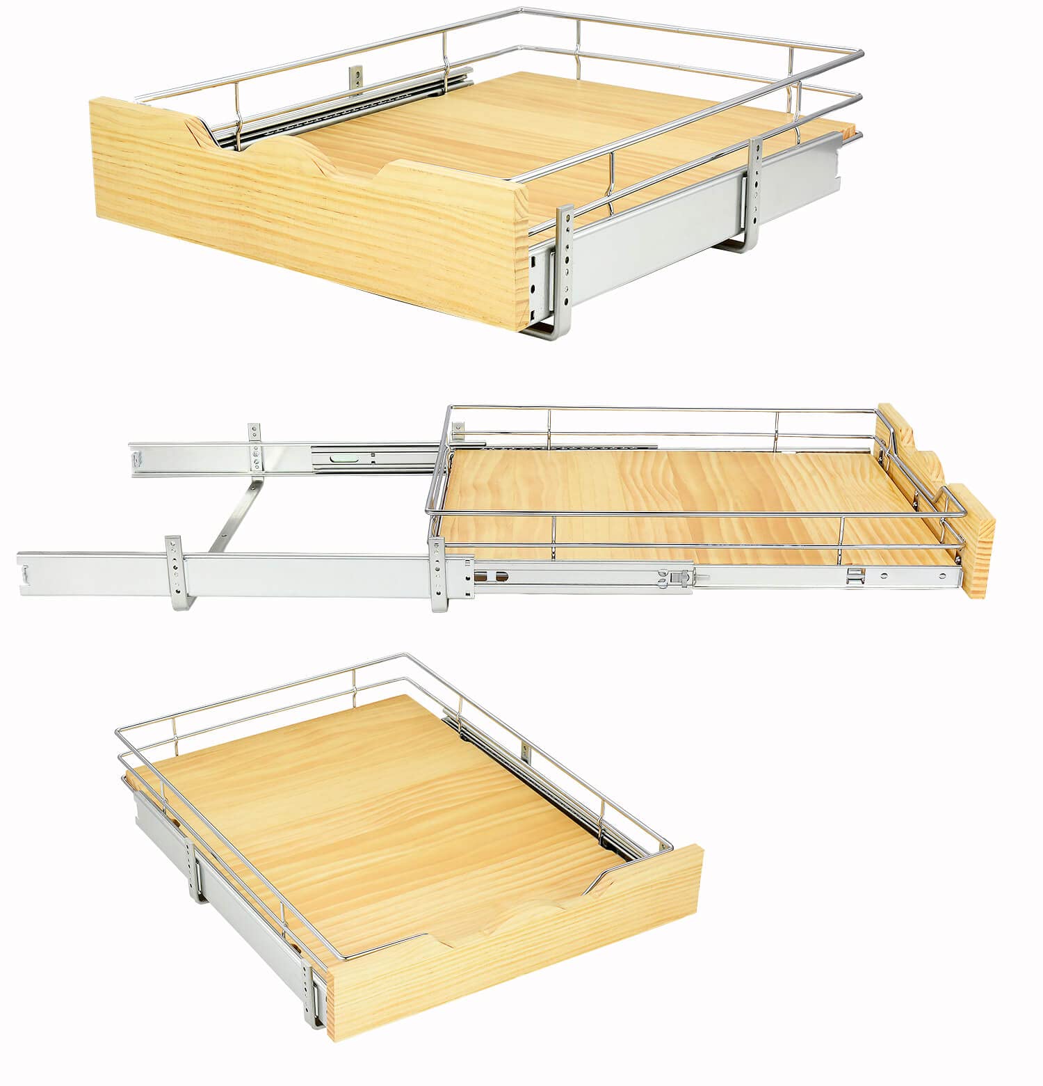 DINDON Pull Out Cabinet Organizer (14" W x 21" D),1 Tier Slide Out Shelf, Shelves Organization and Storage for Kitchen Under Sink Space, Wood and Wire Basket