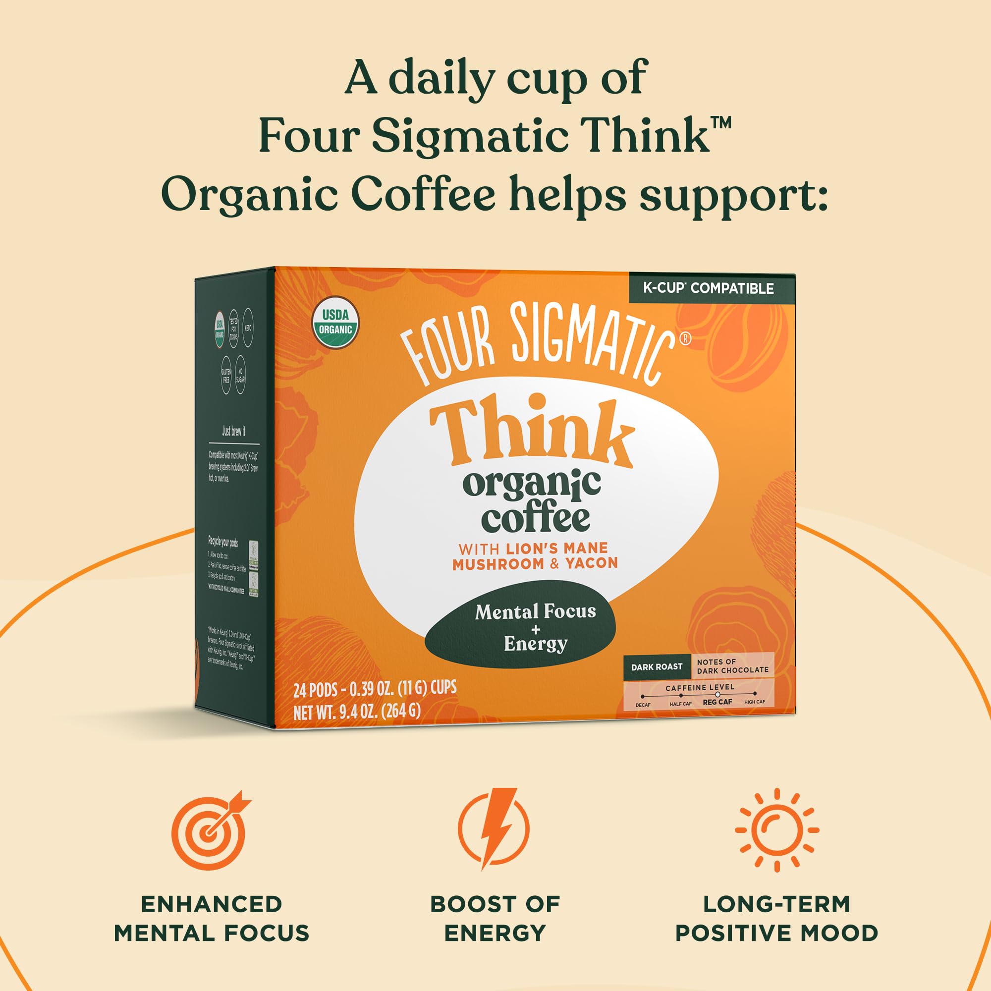 Mushroom Coffee K-Cups by Four Sigmatic | Organic and Fair Trade Dark Roast Coffee with Lion’s Mane, Chaga & Mushroom Powder | Focus & Immune Support | Vegan & Keto | Sustainable Pods | 24 Count