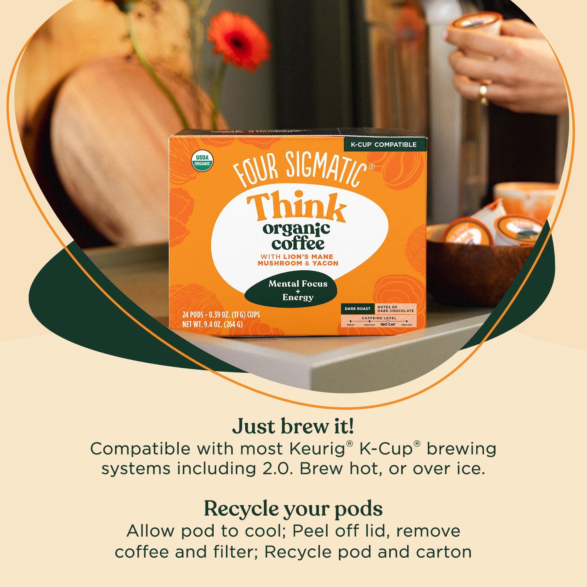 Mushroom Coffee K-Cups by Four Sigmatic | Organic and Fair Trade Dark Roast Coffee with Lion’s Mane, Chaga & Mushroom Powder | Focus & Immune Support | Vegan & Keto | Sustainable Pods | 24 Count