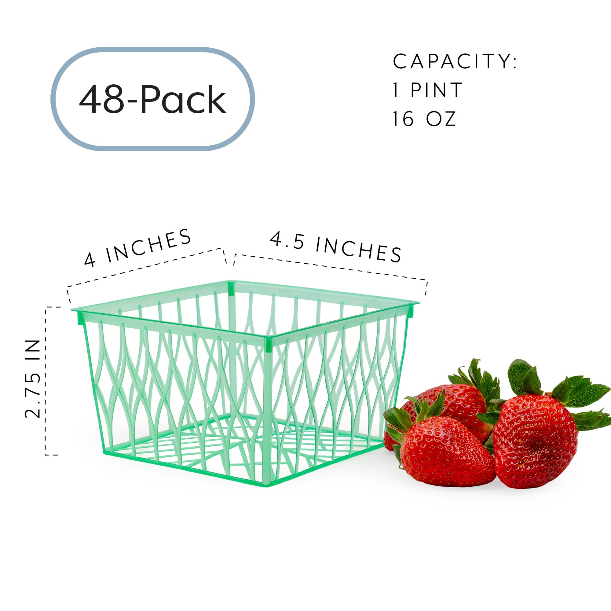 Cornucopia Pint Size Plastic Berry Baskets (48-Pack), 4-Inch Berry Boxes with Open-Weave Pattern, Ideal for Summer Picking & Crafts! (48 Boxes)