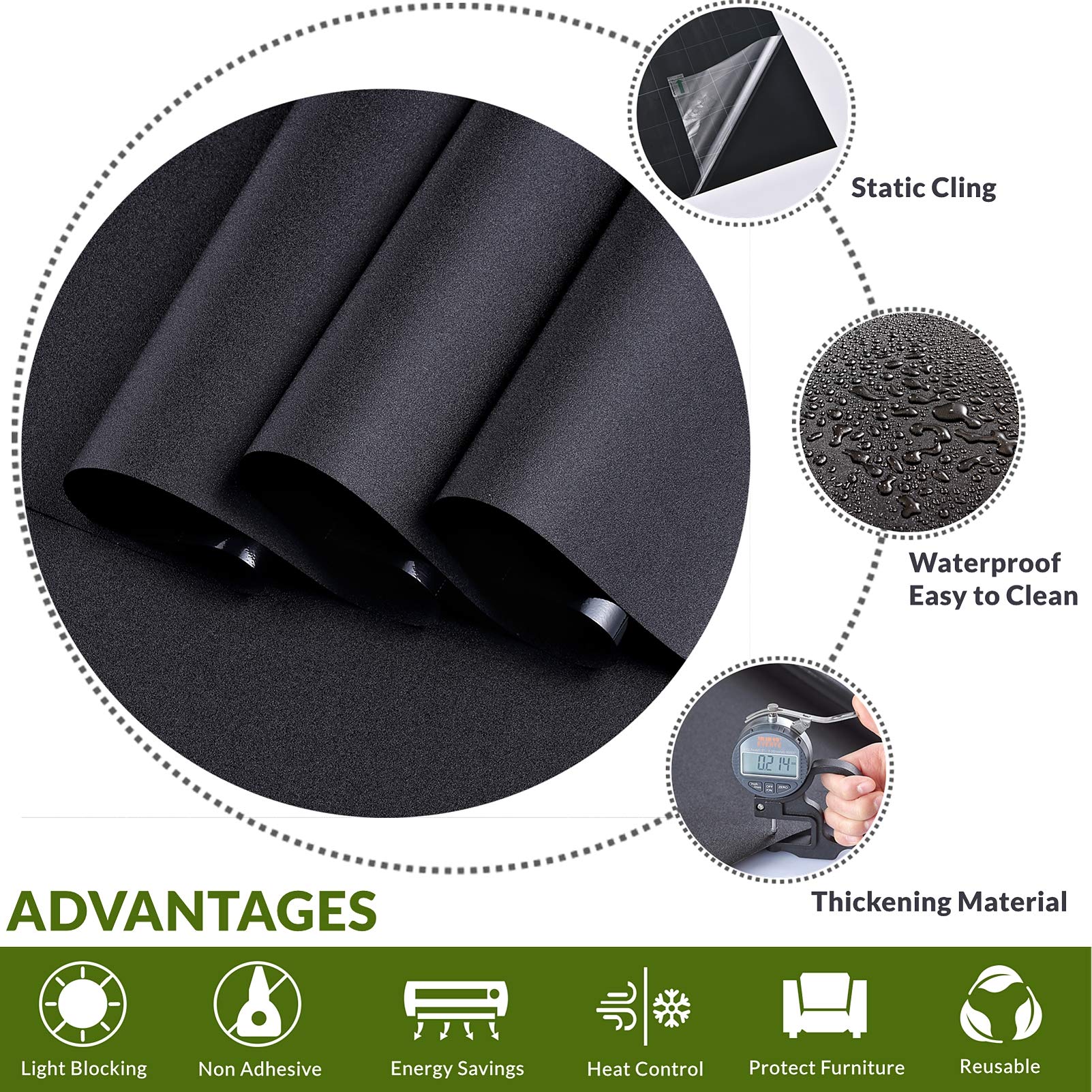 VELIMAX Static Cling Total Blackout Window Film Privacy Room Darkening Window Tint Black Window Cover 100% Light Blocking No Glue (17.7 x 78.7 inches)