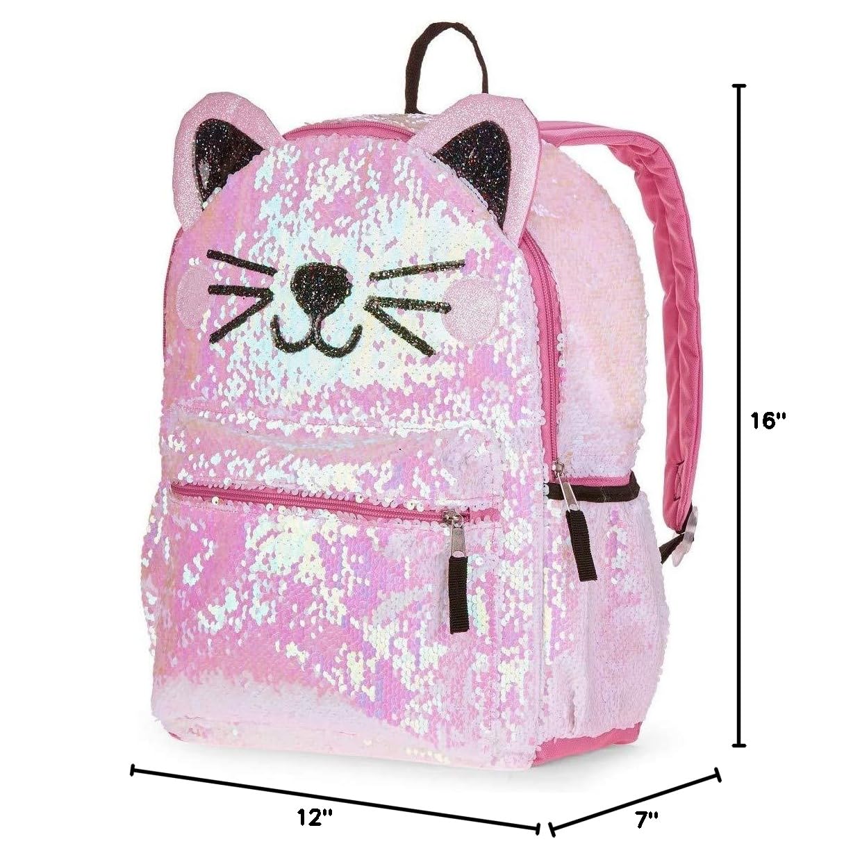 2 Way Sequin Kitty Cat Backpack for Girls Teens ~ Premium 16 Kitten School Bag with Reversible Sequins and 3D Cat Ears (Kitty School Supplies Bundle)