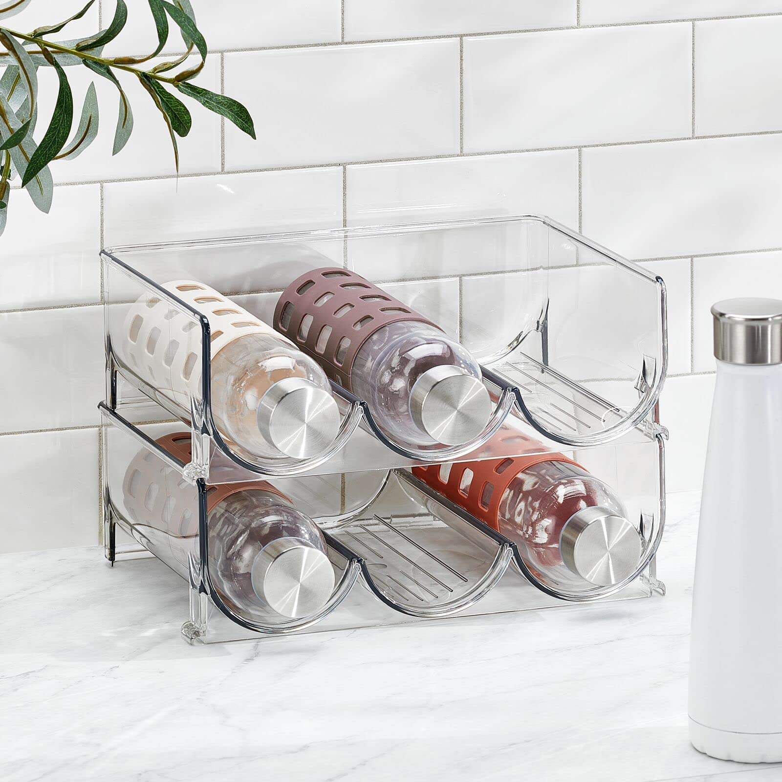 mDesign Plastic Free-Standing Stackable 3 Bottle Storage Holder Rack - Water, Wine, and Drink Organizer Shelf for Kitchen Countertop, Cabinet, Pantry, Fridge, Freezer - 2 Pack - Clear