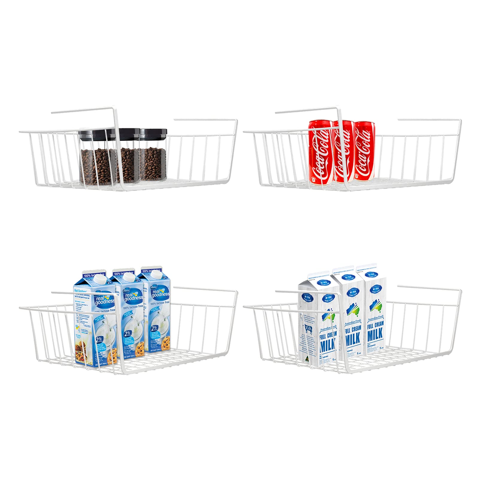 Under Shelf Basket, 4 Pack White Wire Rack, Slides Under Shelves for Storage Space on Kitchen Pantry Desk Bookshelf Cupboard