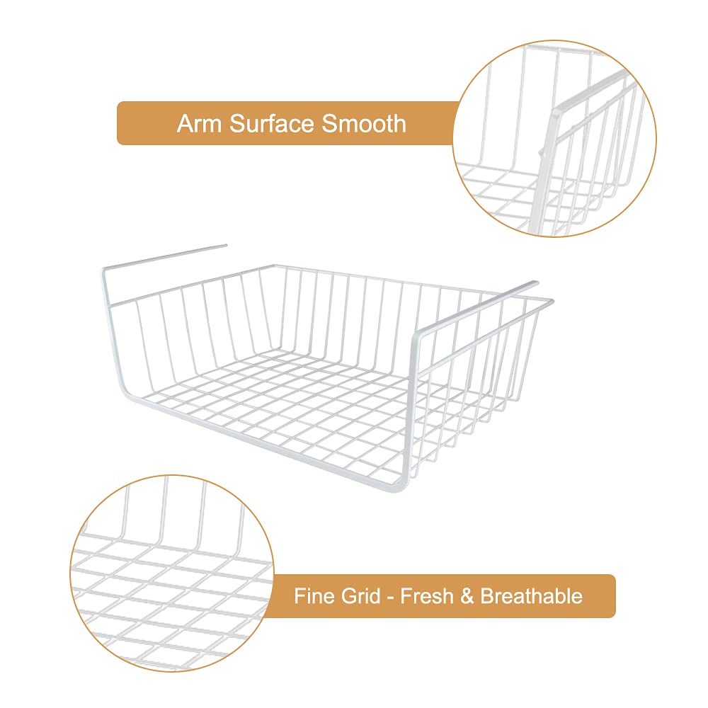 Under Shelf Basket, 4 Pack White Wire Rack, Slides Under Shelves for Storage Space on Kitchen Pantry Desk Bookshelf Cupboard