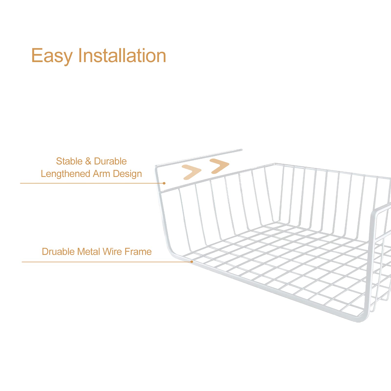 Under Shelf Basket, 4 Pack White Wire Rack, Slides Under Shelves for Storage Space on Kitchen Pantry Desk Bookshelf Cupboard