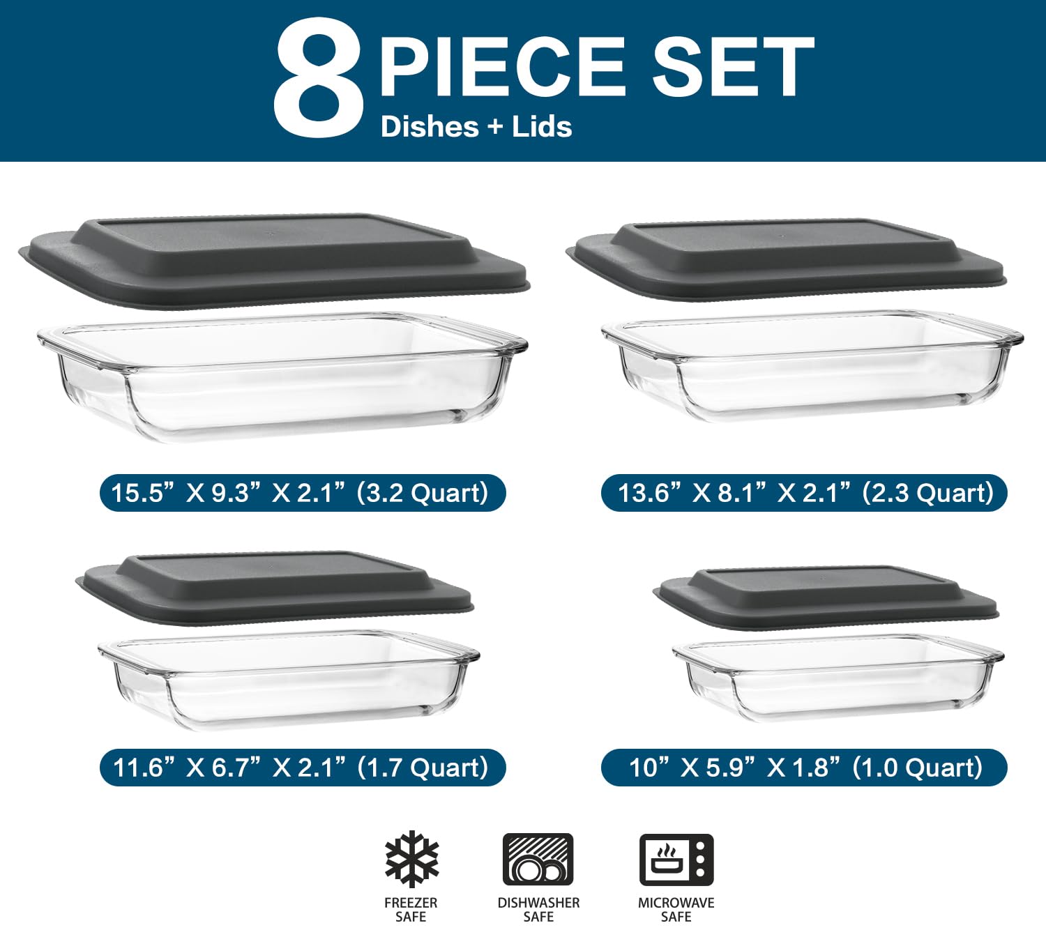 8-Piece Deep Glass Baking Dish Set with Plastic lids,Rectangular Glass Bakeware Set with BPA Free Lids, Baking Pans for Lasagna, Leftovers, Cooking, Kitchen, Freezer-to-Oven and Dishwasher, Gray