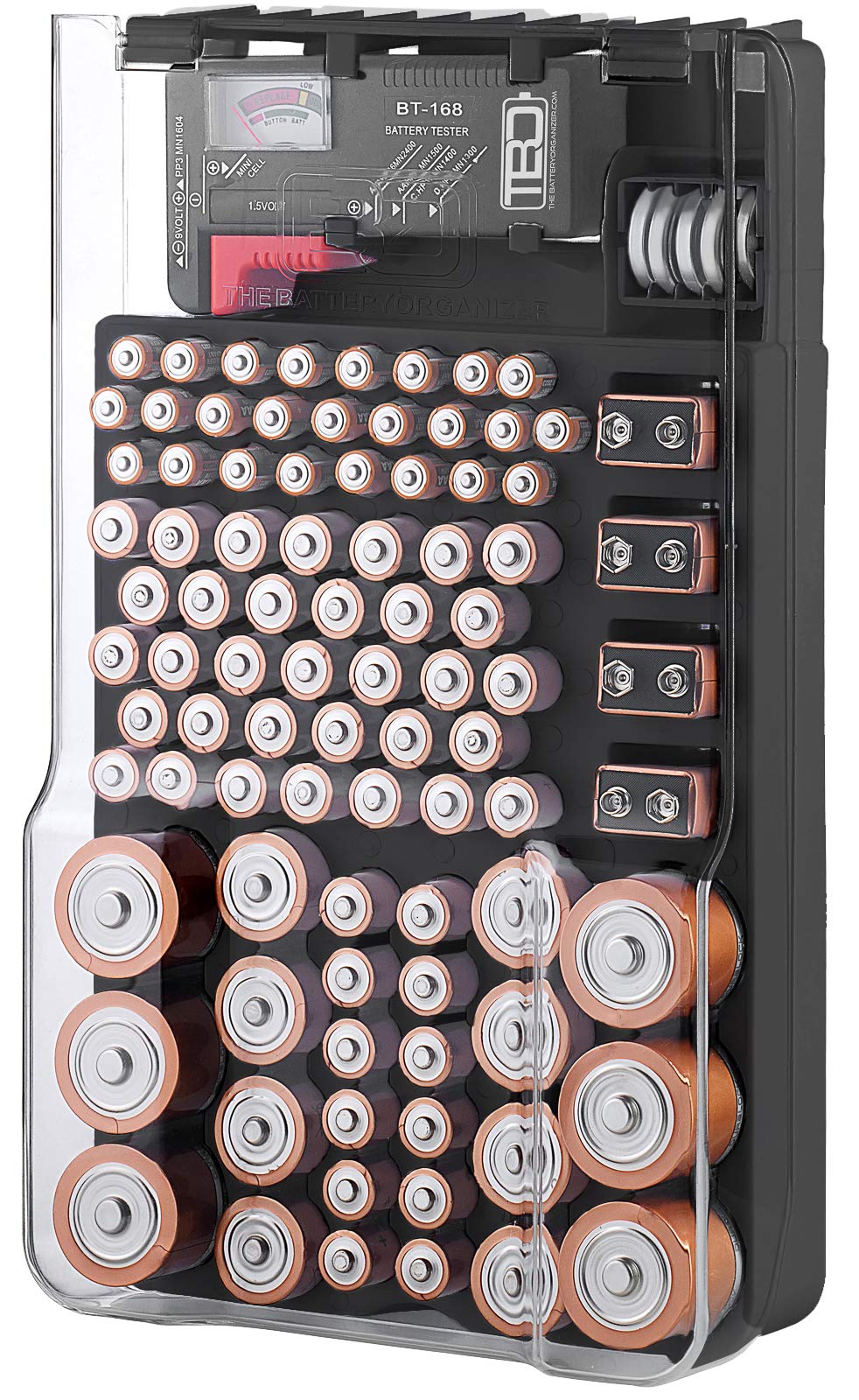 The Battery Organizer and Tester with Cover, Battery Storage Organizer and Case, Holds 93 Batteries of Various Sizes, Includes a Removable Battery Tester, Battery Holder for Garage Organization, White