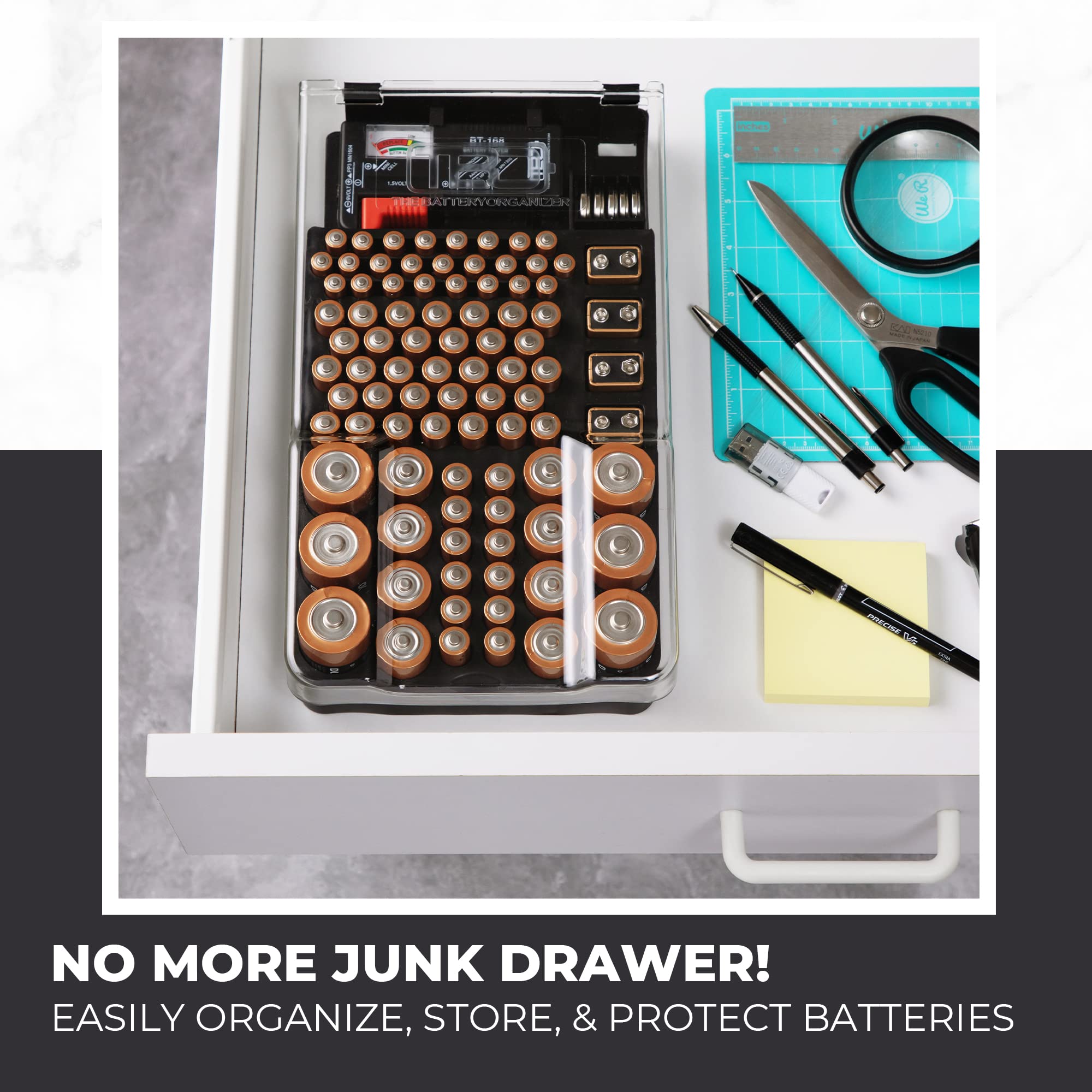 The Battery Organizer and Tester with Cover, Battery Storage Organizer and Case, Holds 93 Batteries of Various Sizes, Includes a Removable Battery Tester, Battery Holder for Garage Organization, White