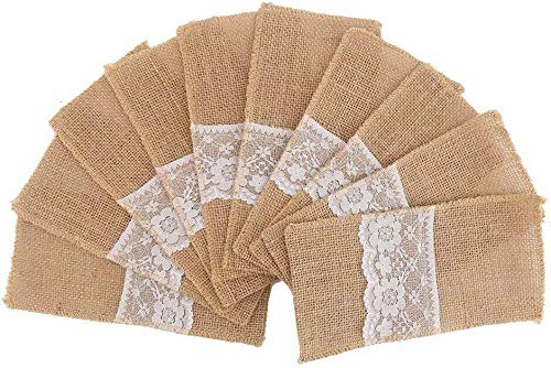 Lucky Monet 25/50/100PCS 4 x 8Inch Natural Burlap Lace Silverware Bag Utensil Holder Cutlery Pouch Hessian Knife Fork Tableware Bags for Wedding Party Restaurant Decoration (100PCS)