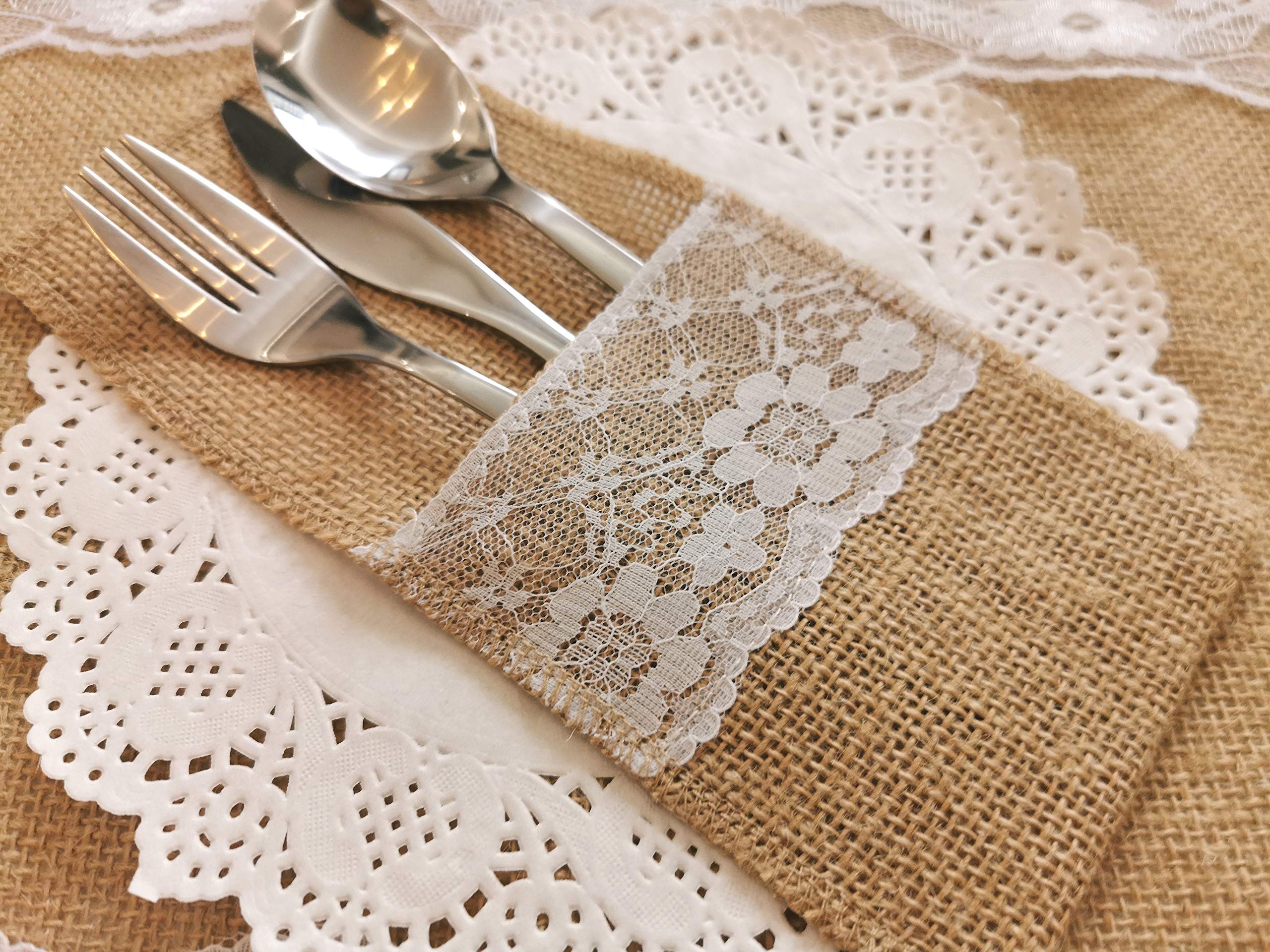 Lucky Monet 25/50/100PCS 4 x 8Inch Natural Burlap Lace Silverware Bag Utensil Holder Cutlery Pouch Hessian Knife Fork Tableware Bags for Wedding Party Restaurant Decoration (100PCS)