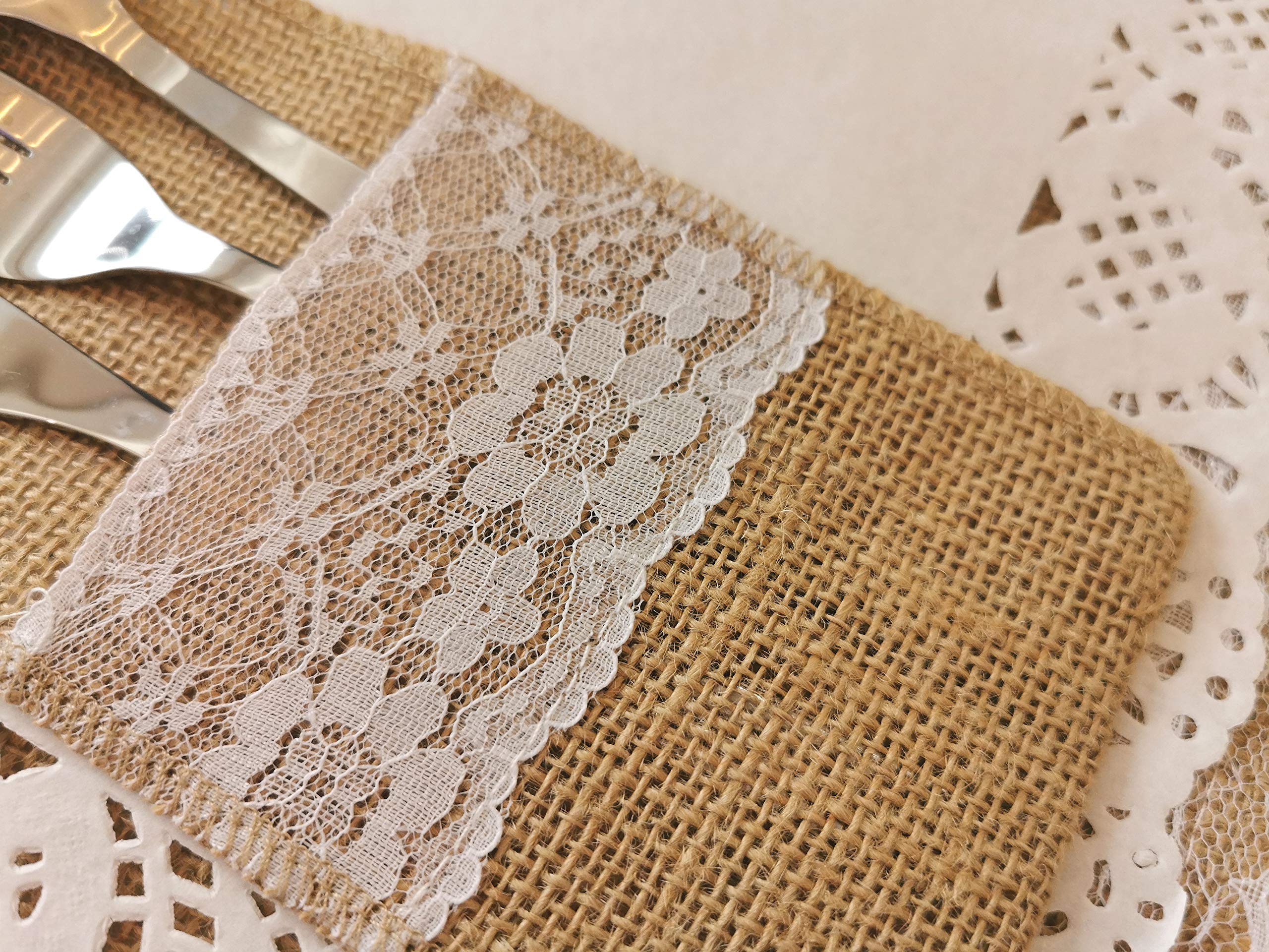 Lucky Monet 25/50/100PCS 4 x 8Inch Natural Burlap Lace Silverware Bag Utensil Holder Cutlery Pouch Hessian Knife Fork Tableware Bags for Wedding Party Restaurant Decoration (100PCS)