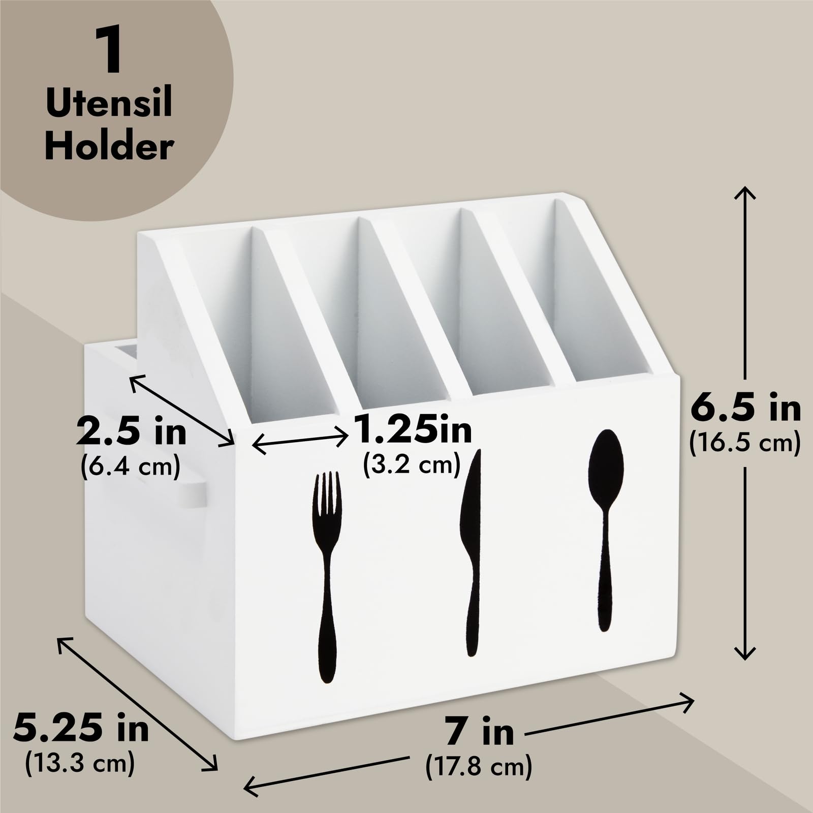 Wooden Utensil Holder, Silverware Caddy for Kitchen (7 x 5.5 x 6.6 In, White)