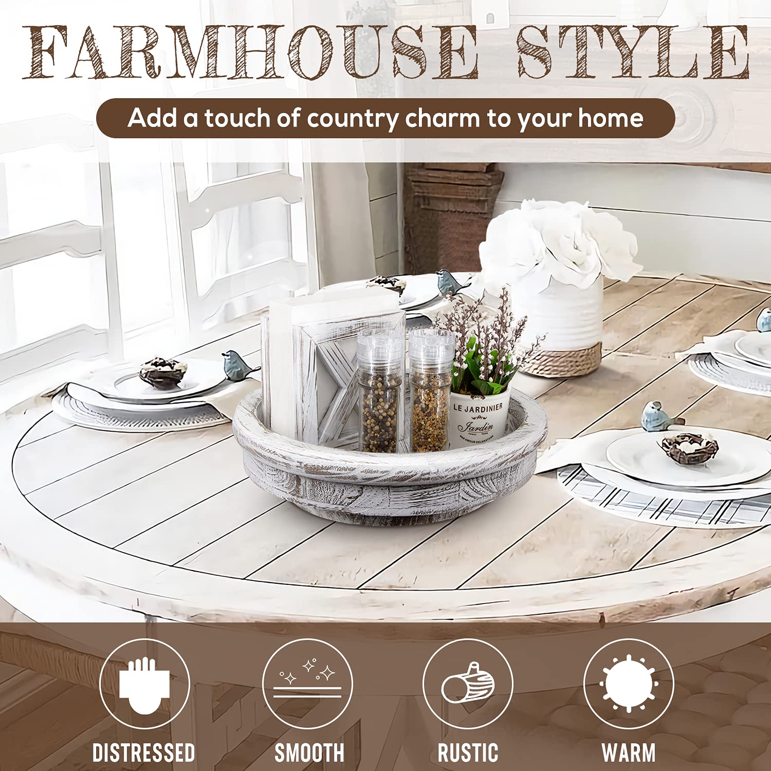 PUERSI Farmhouse Wood Lazy Susan for Table, Christmas Centerpiece for Dining Room Table, Rustic Decorative Wooden Round Turntable - 13 Inch, White