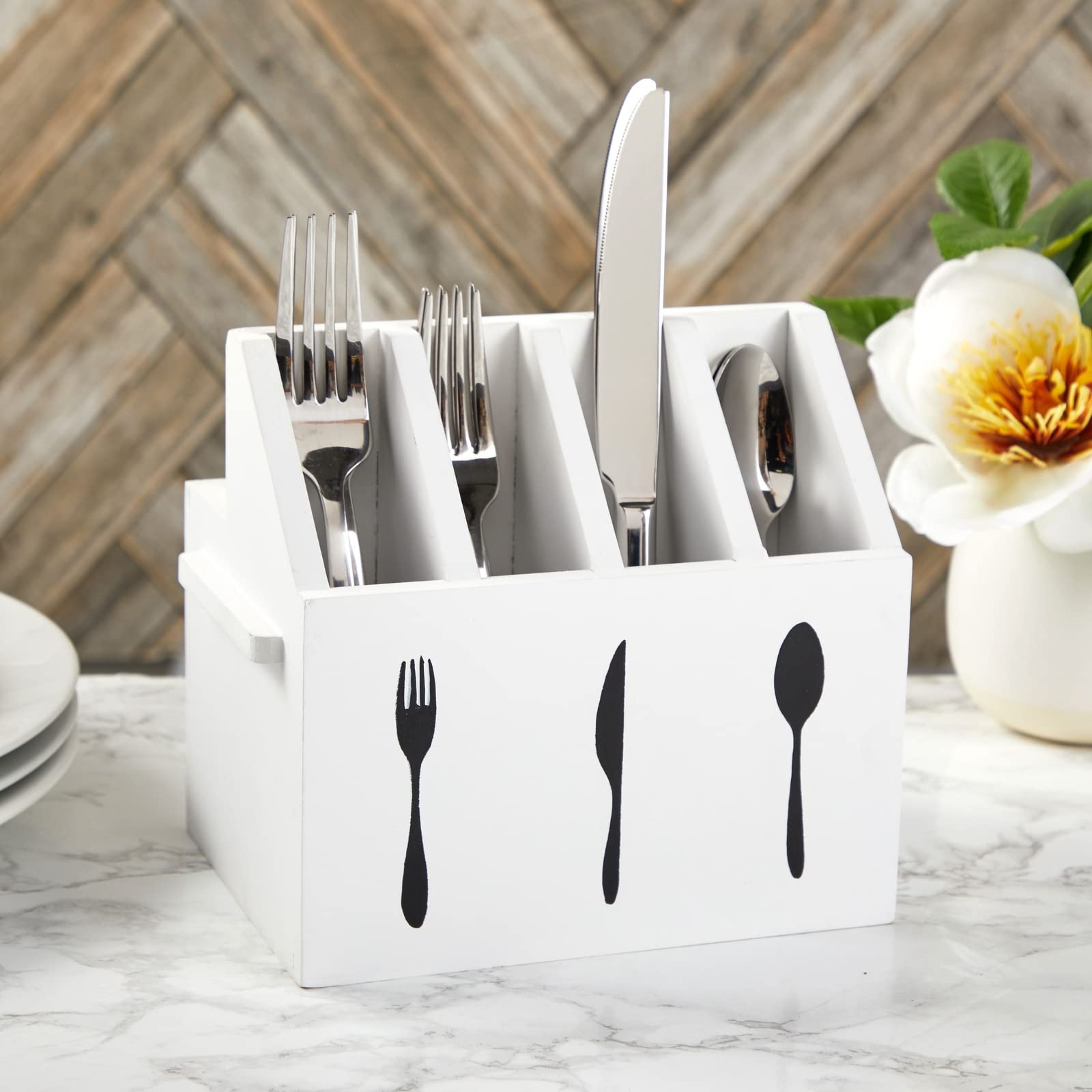 Wooden Utensil Holder, Silverware Caddy for Kitchen (7 x 5.5 x 6.6 In, White)