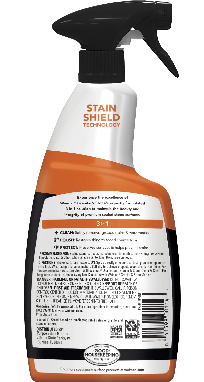 Weiman Granite Cleaner Polish and Protect 3 in 1 - 2 Pack - Streak-Free, pH Neutral Formula for Daily Use on Interior & Exterior Natural Stone