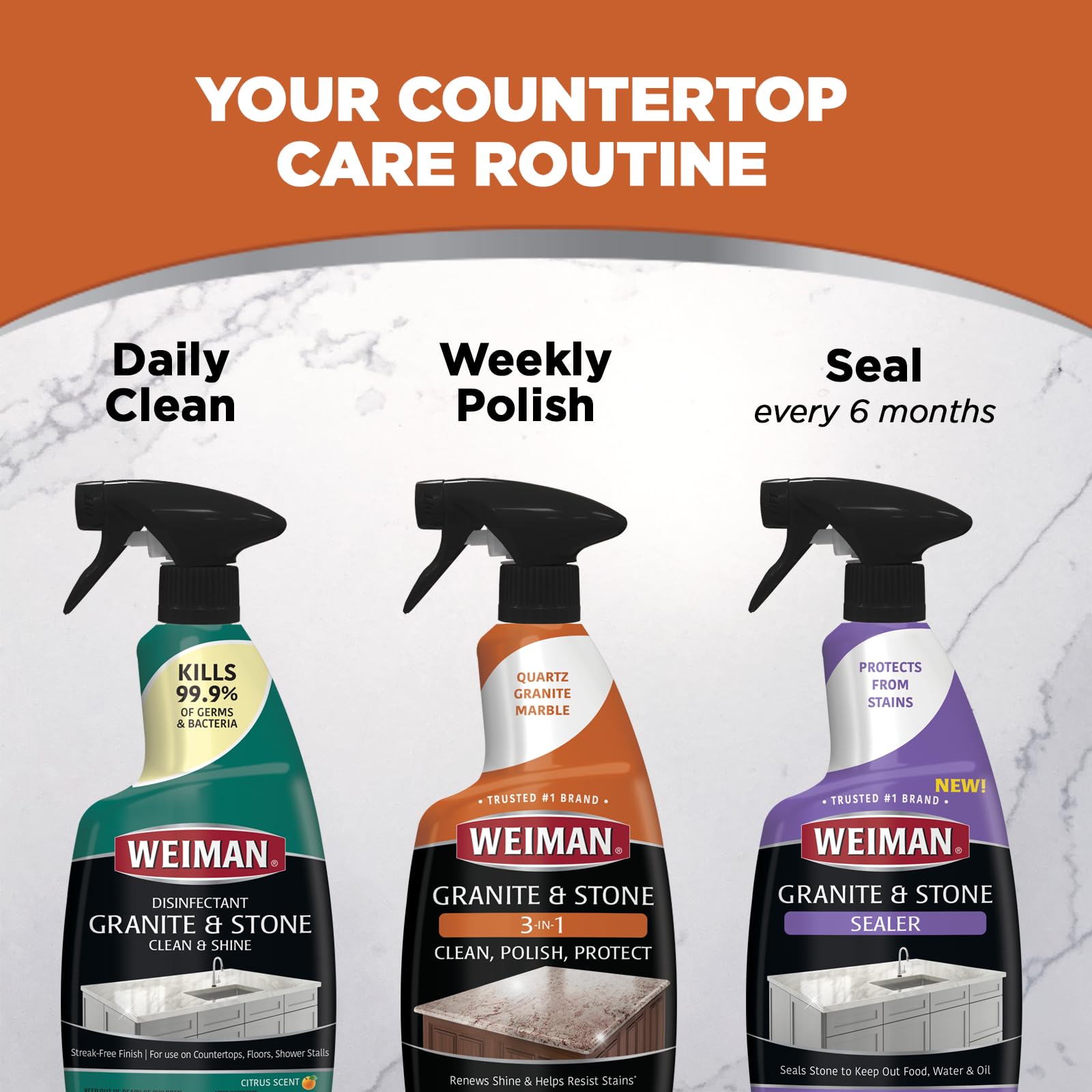 Weiman Granite Cleaner Polish and Protect 3 in 1 - 2 Pack - Streak-Free, pH Neutral Formula for Daily Use on Interior & Exterior Natural Stone