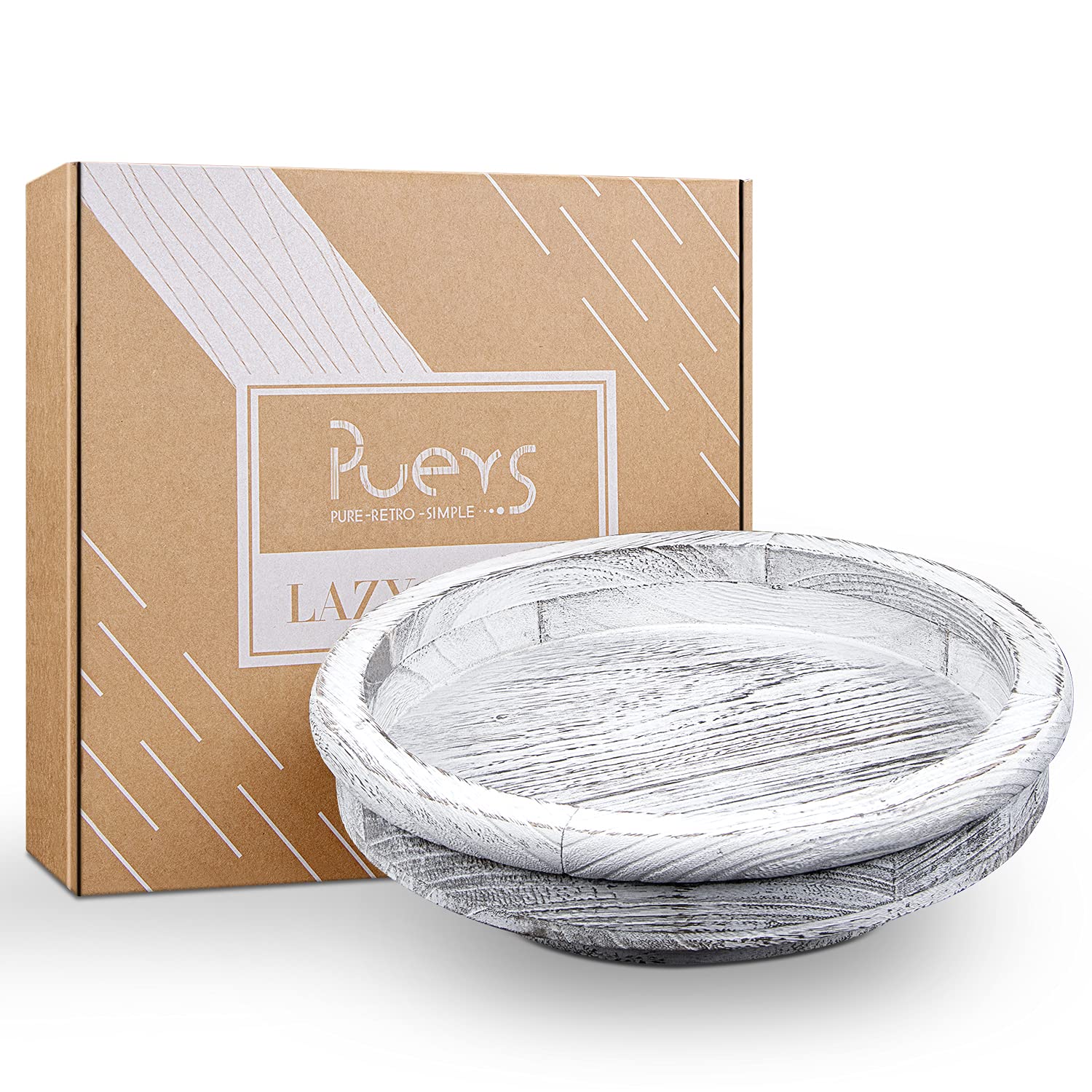 PUERSI Farmhouse Wood Lazy Susan for Table, Christmas Centerpiece for Dining Room Table, Rustic Decorative Wooden Round Turntable - 13 Inch, White