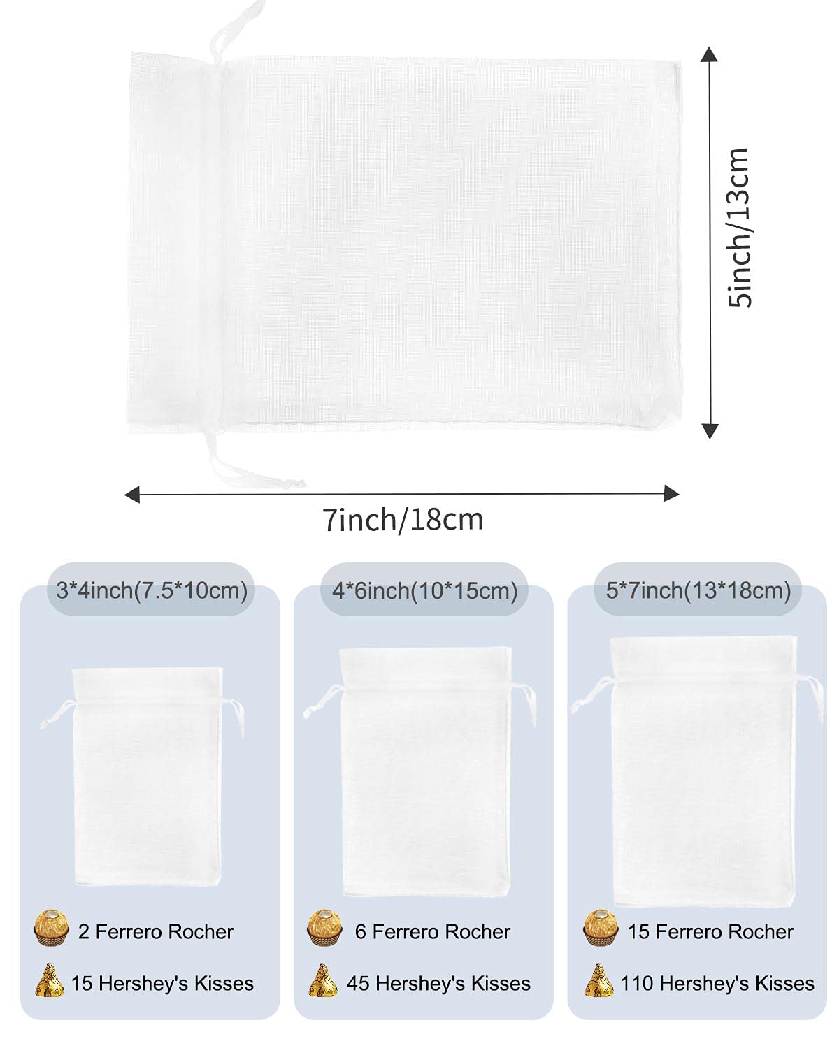 Kslong 100PCS Small Mesh Bags Drawstring 3x4,Sheer Organza Bags Drawstring for Jewelry, Mesh Party Wedding Favor Bags for Small Business,Candy,Bracelet Packaging,Empty Sachet Bags (White)