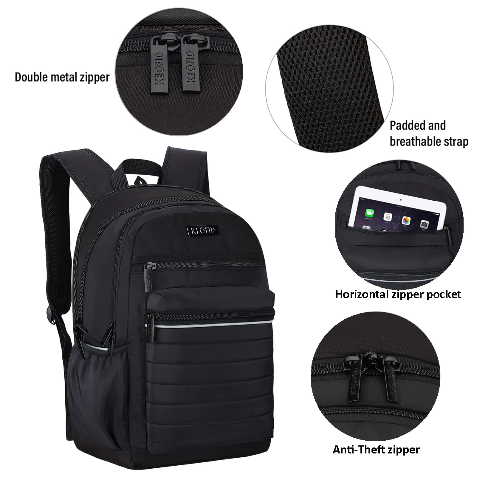KEOFID Anti-thief travel laptop backpack with USB charging port for men and women,school bookbag for college girls and boys,(Full black)