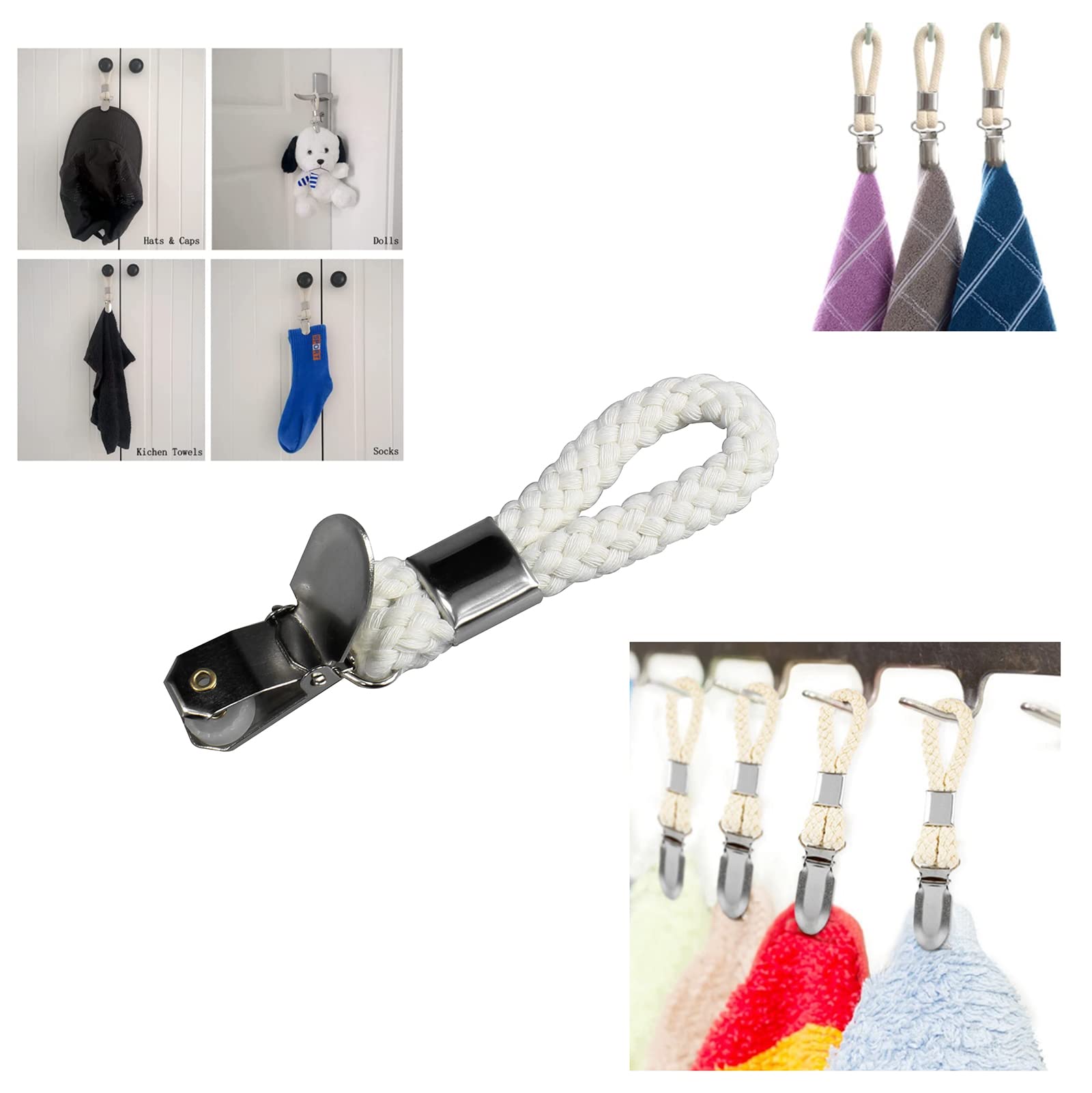 GWYAN 4 Pcs Tea Towel Clips Cotton Rope Clip Hanging Towel Hook Holder with Cotton Loop for Kitchen Bathroom
