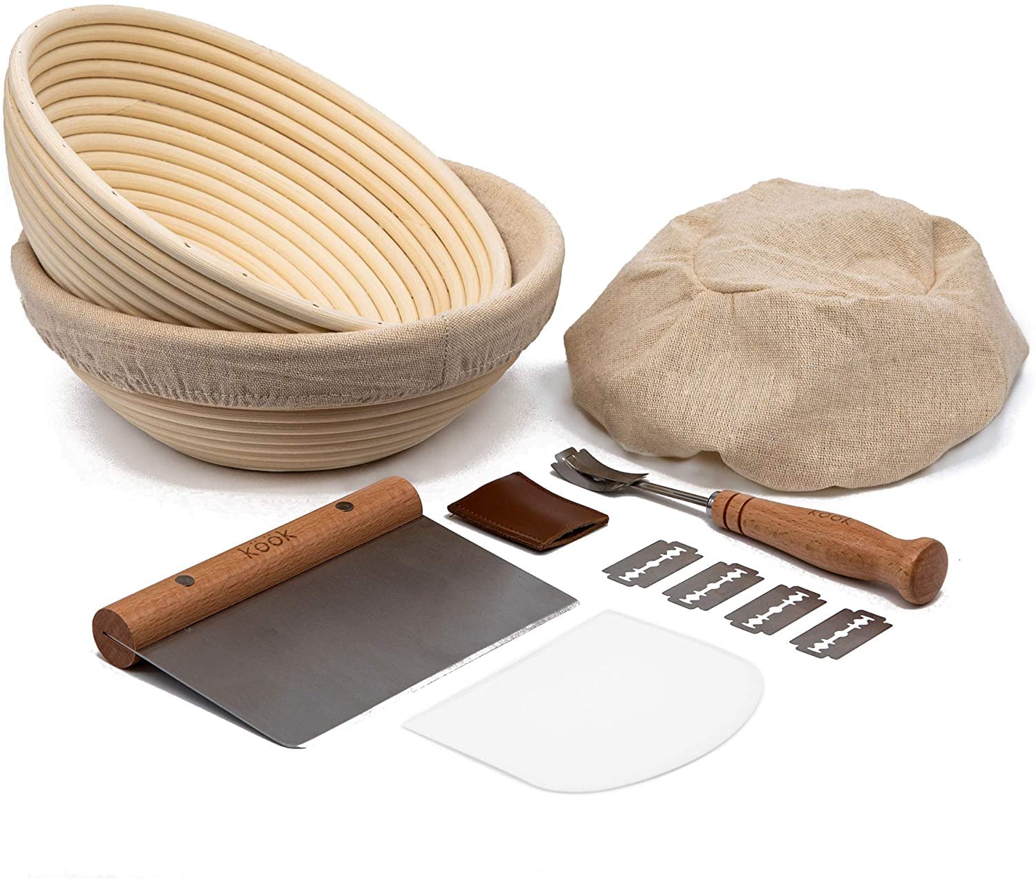 Proofing Set, by Kook, Sourdough Bread, 2 Rattan Banneton Baskets, 2 Basket Covers, Metal Scraper, Plastic Scraper, Scoring Lame, 5 Blades and Case, Round Shape