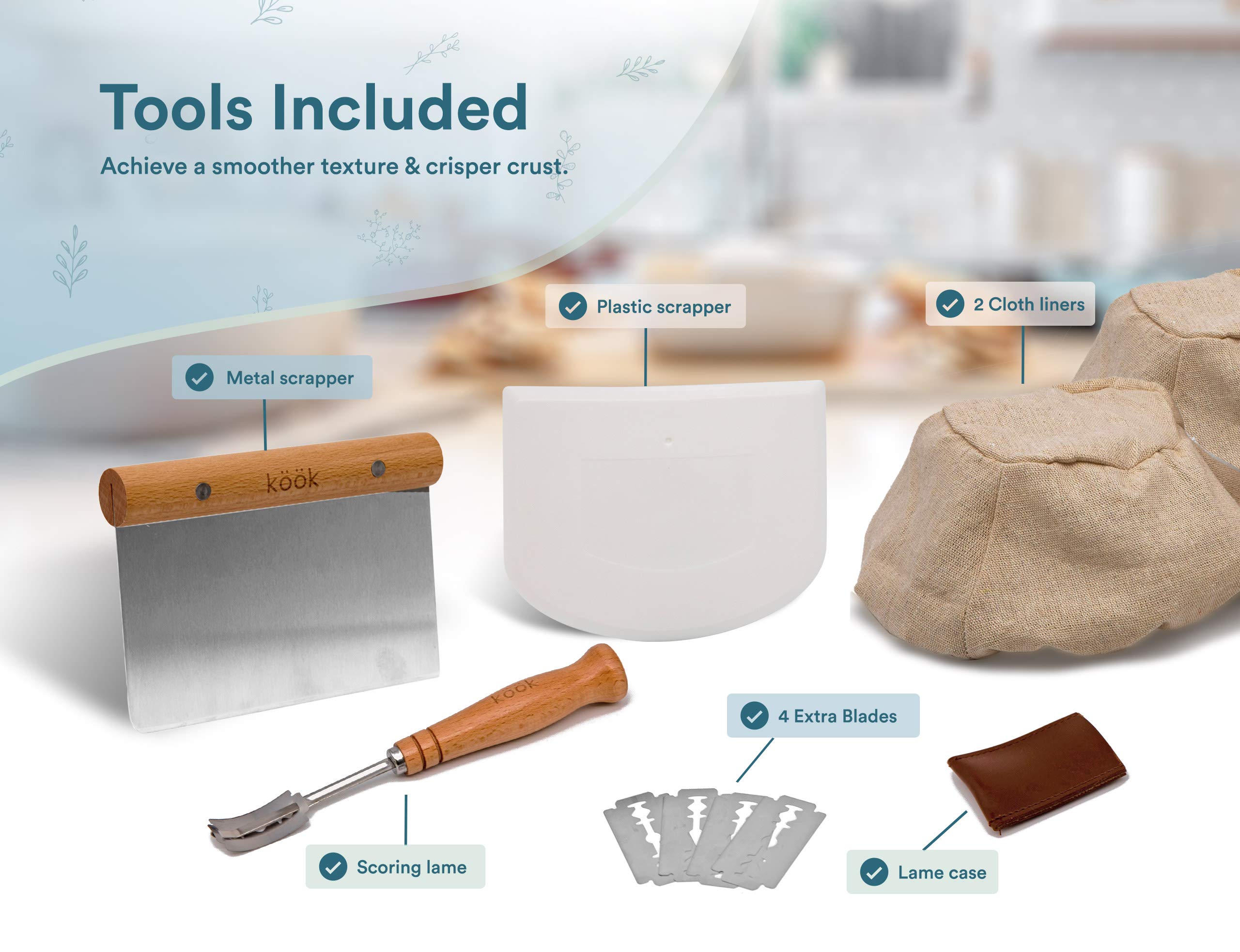 Proofing Set, by Kook, Sourdough Bread, 2 Rattan Banneton Baskets, 2 Basket Covers, Metal Scraper, Plastic Scraper, Scoring Lame, 5 Blades and Case, Round Shape