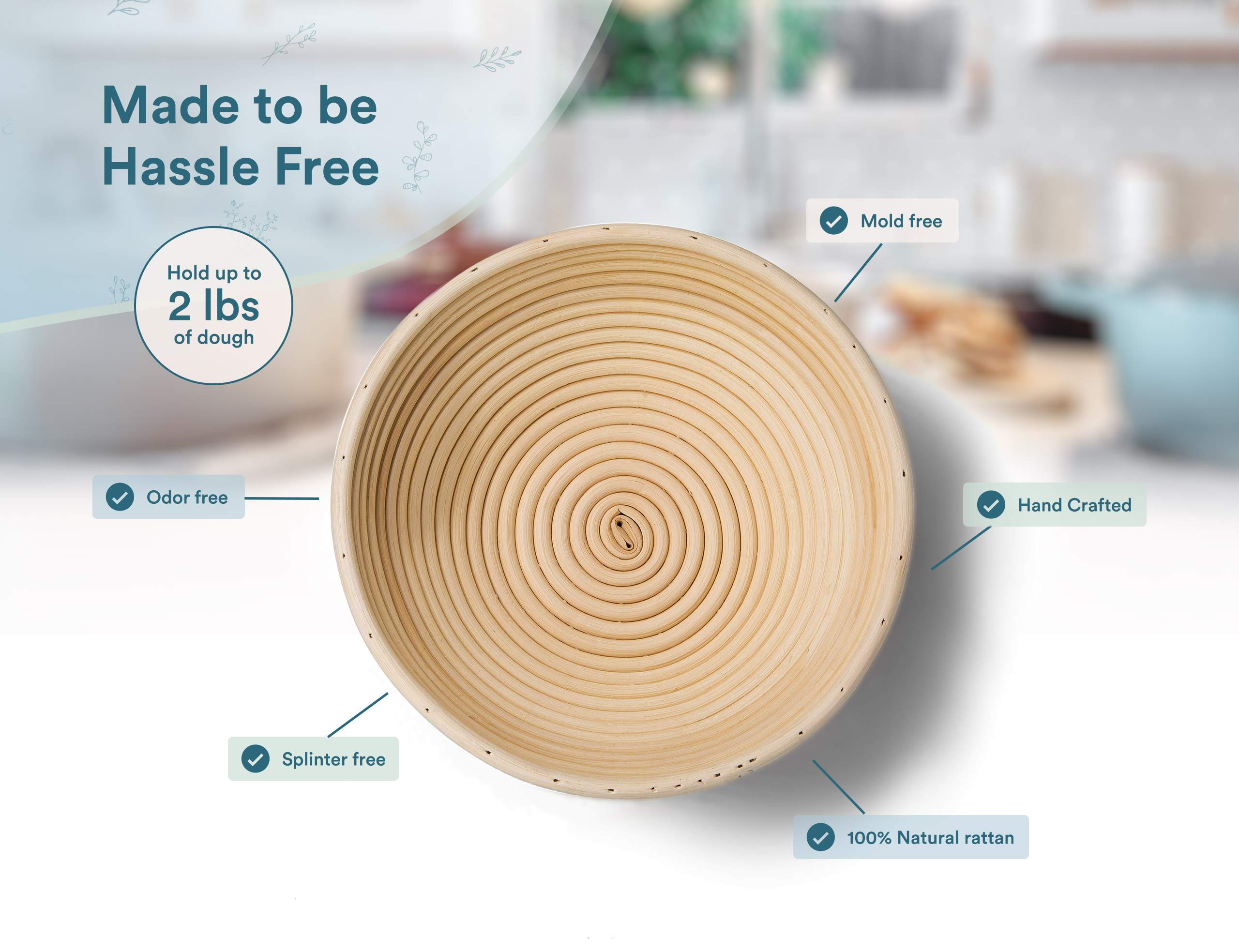 Proofing Set, by Kook, Sourdough Bread, 2 Rattan Banneton Baskets, 2 Basket Covers, Metal Scraper, Plastic Scraper, Scoring Lame, 5 Blades and Case, Round Shape