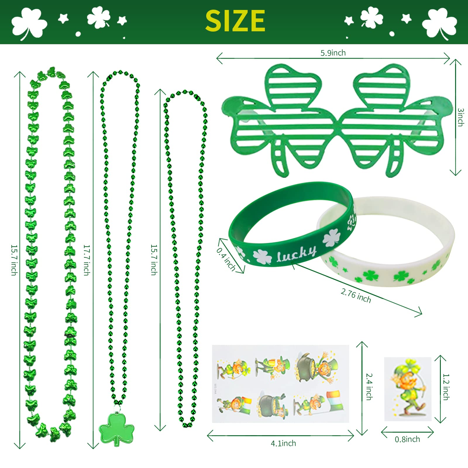 96Pcs St. Patricks Day Party Favors Set Shamrock Glasses Necklaces Bracelets Tattoos St. Patrick's Day Accessories Decorations Supplies