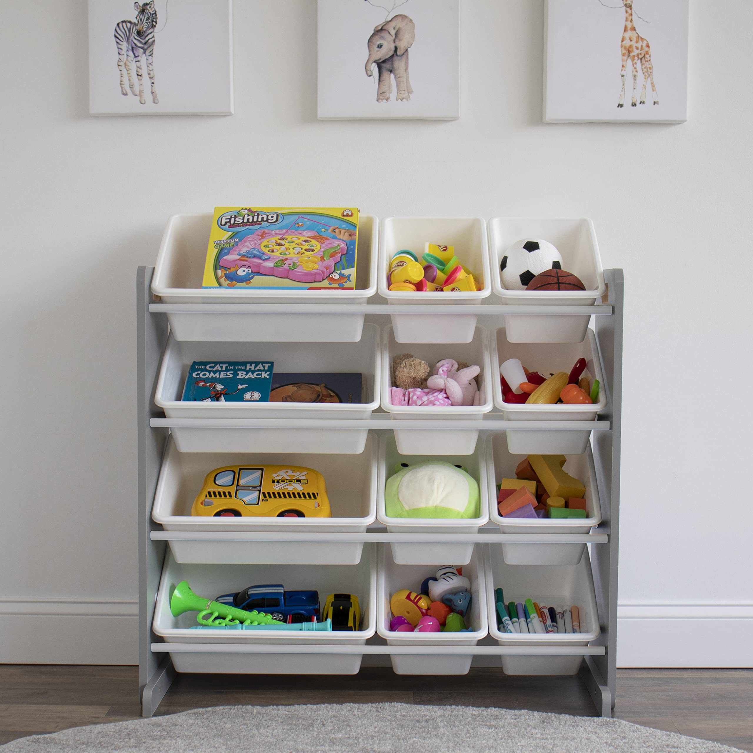 Humble Crew, Grey/White Kids Toy Organizer with 12 Storage Bins, Toddler