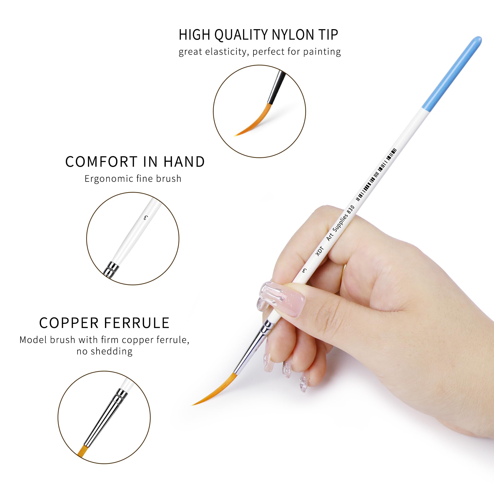XDT#830 Rigger Artist Paint Brush 6 Piece Set Extra Long Fine Point Liner Tip #000#00#0#1#2#3, Scale Models Nail Acrylic Oil Watercolor