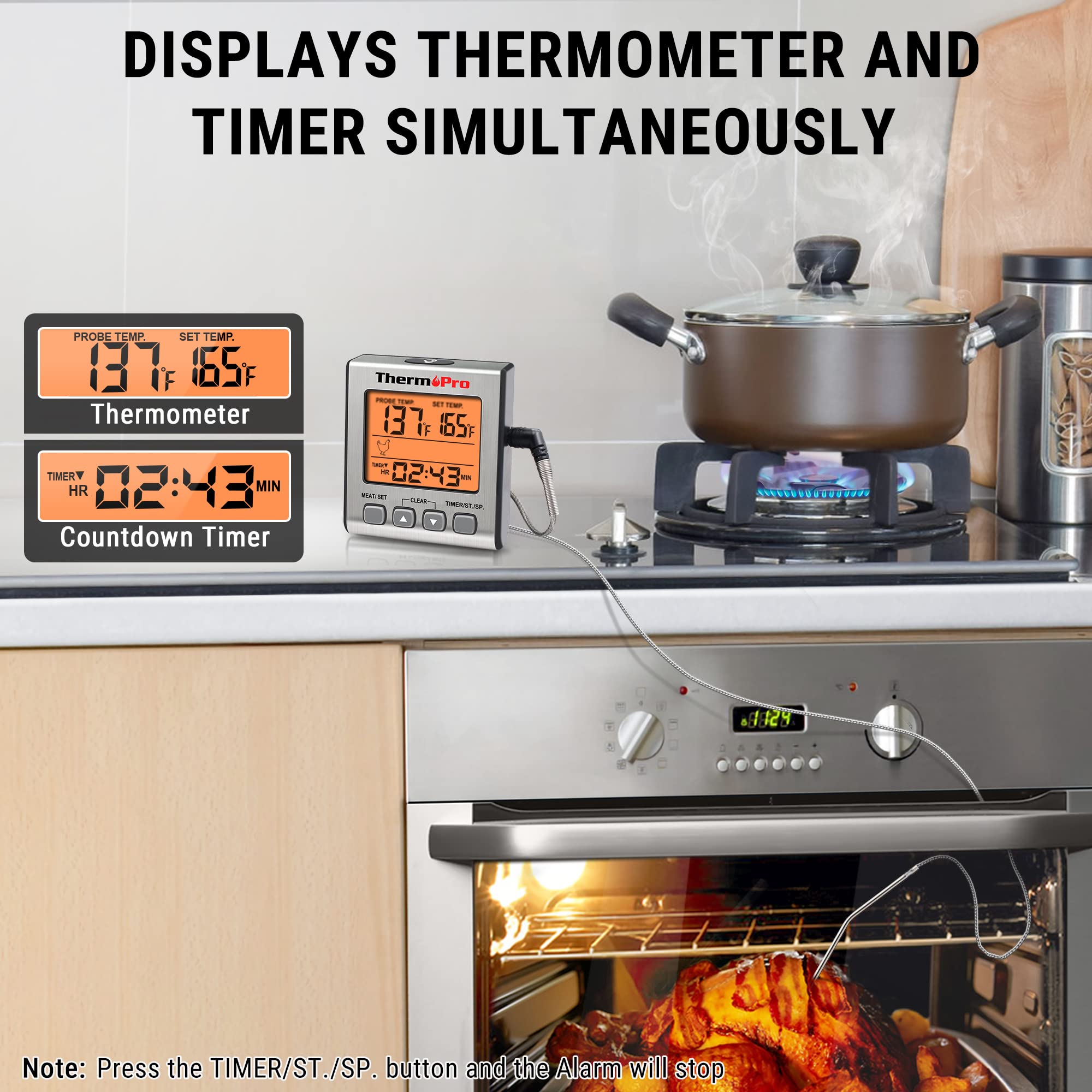 ThermoPro TP16S Digital Meat Thermometer for Cooking and Grilling, BBQ Food Thermometer with Backlight and Kitchen Timer, Grill Temperature Probe Thermometer for Smoker, Barbecue, Oven, Cookware