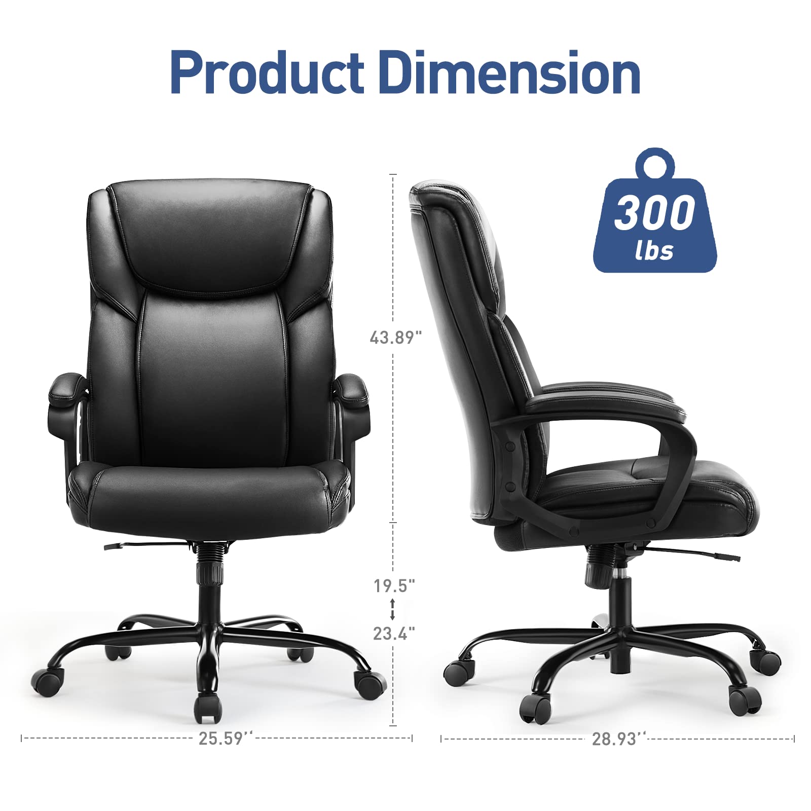 Executive Office Chair - Ergonomic Big and Tall Home Computer Desk Chair with Lumbar Support, PU Leather, High Back , Adjustable Height & Swivel