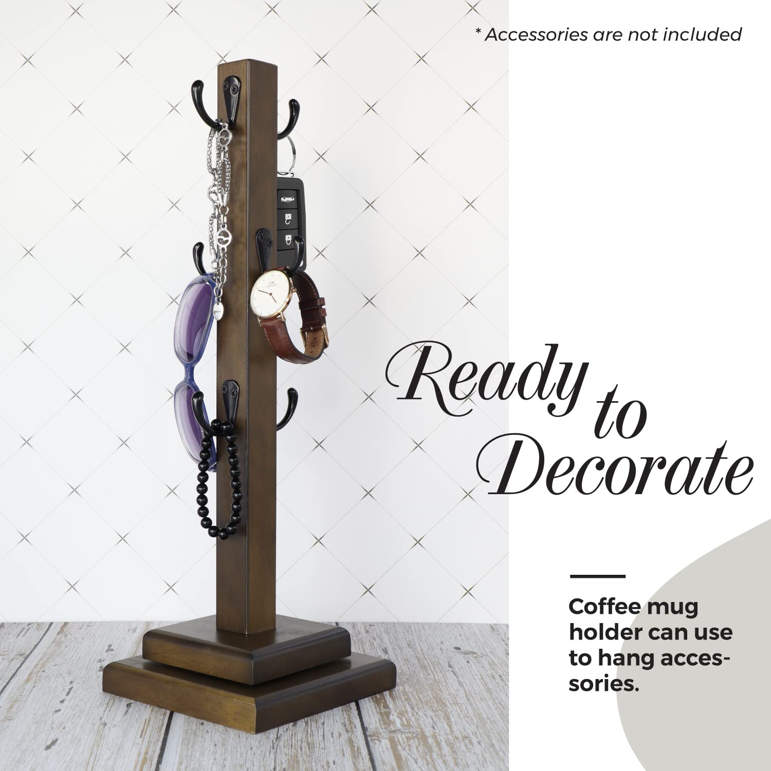 FABILE Coffee Mug Holder with 360 Degree Turn, Coffee Mug Tree, Rotated Solid Wooden Coffee Cup Holder Tree with 6 Metal Black Hooks, Mug Hanger for Kitchen Organizer (Walnut Color)
