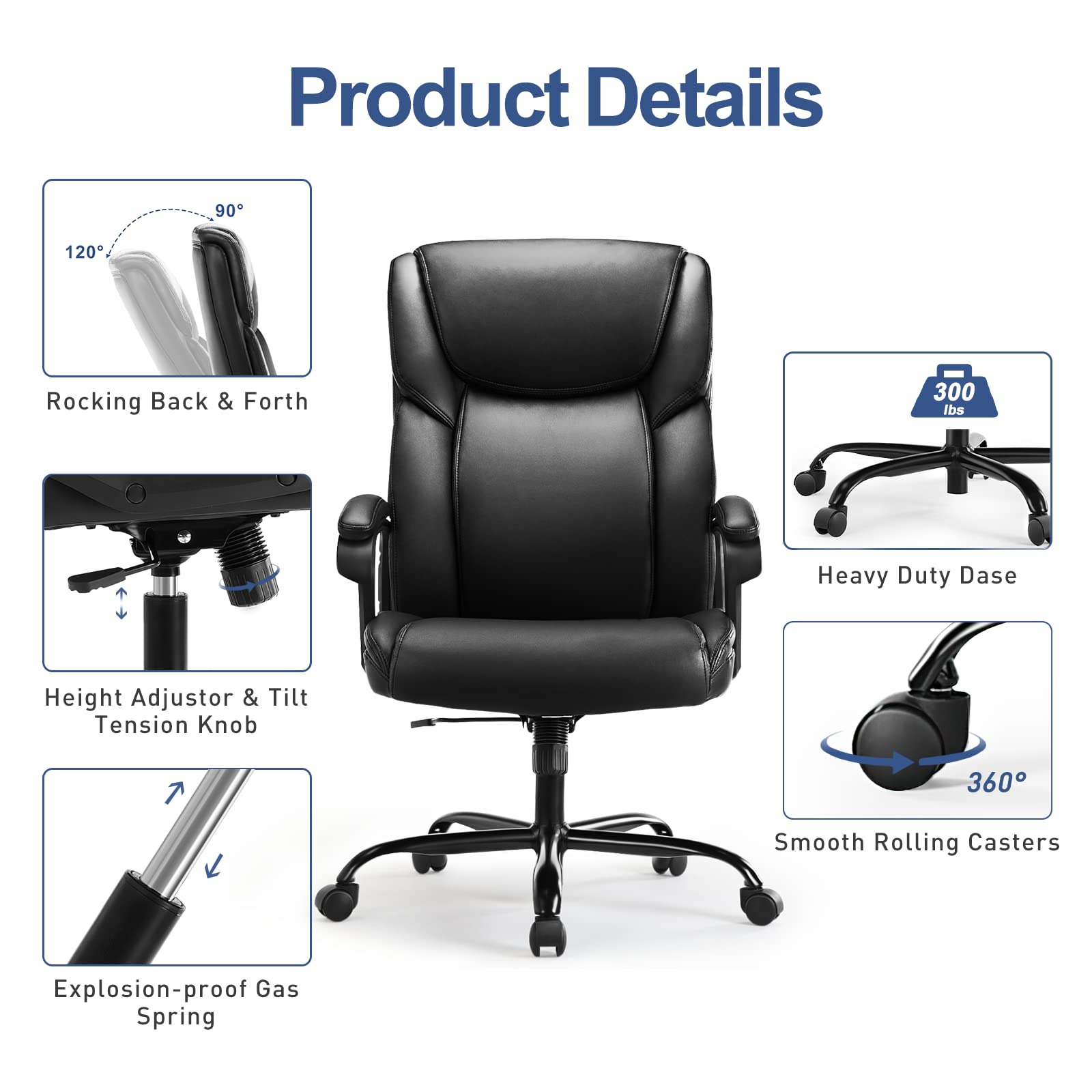 Executive Office Chair - Ergonomic Big and Tall Home Computer Desk Chair with Lumbar Support, PU Leather, High Back , Adjustable Height & Swivel