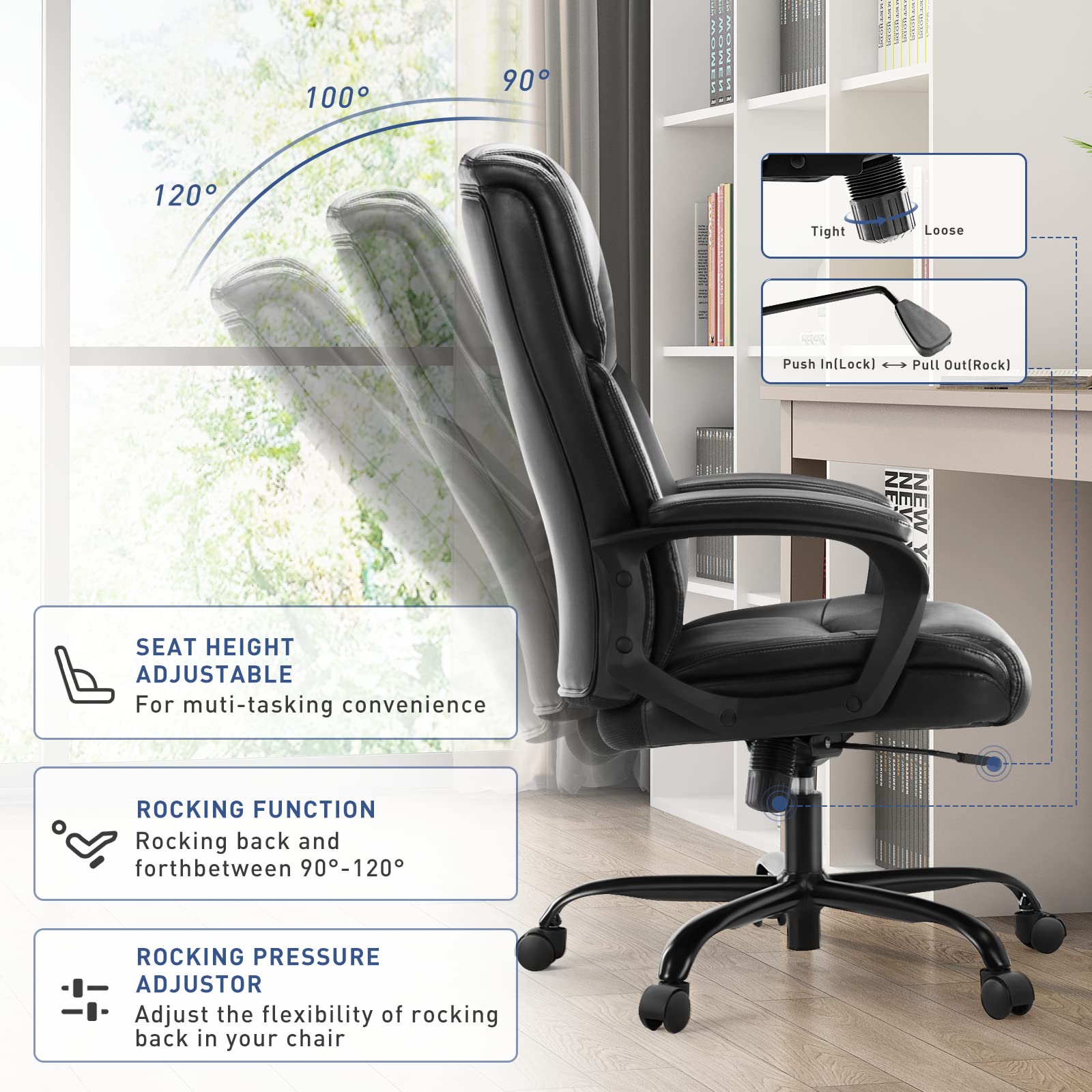 Executive Office Chair - Ergonomic Big and Tall Home Computer Desk Chair with Lumbar Support, PU Leather, High Back , Adjustable Height & Swivel