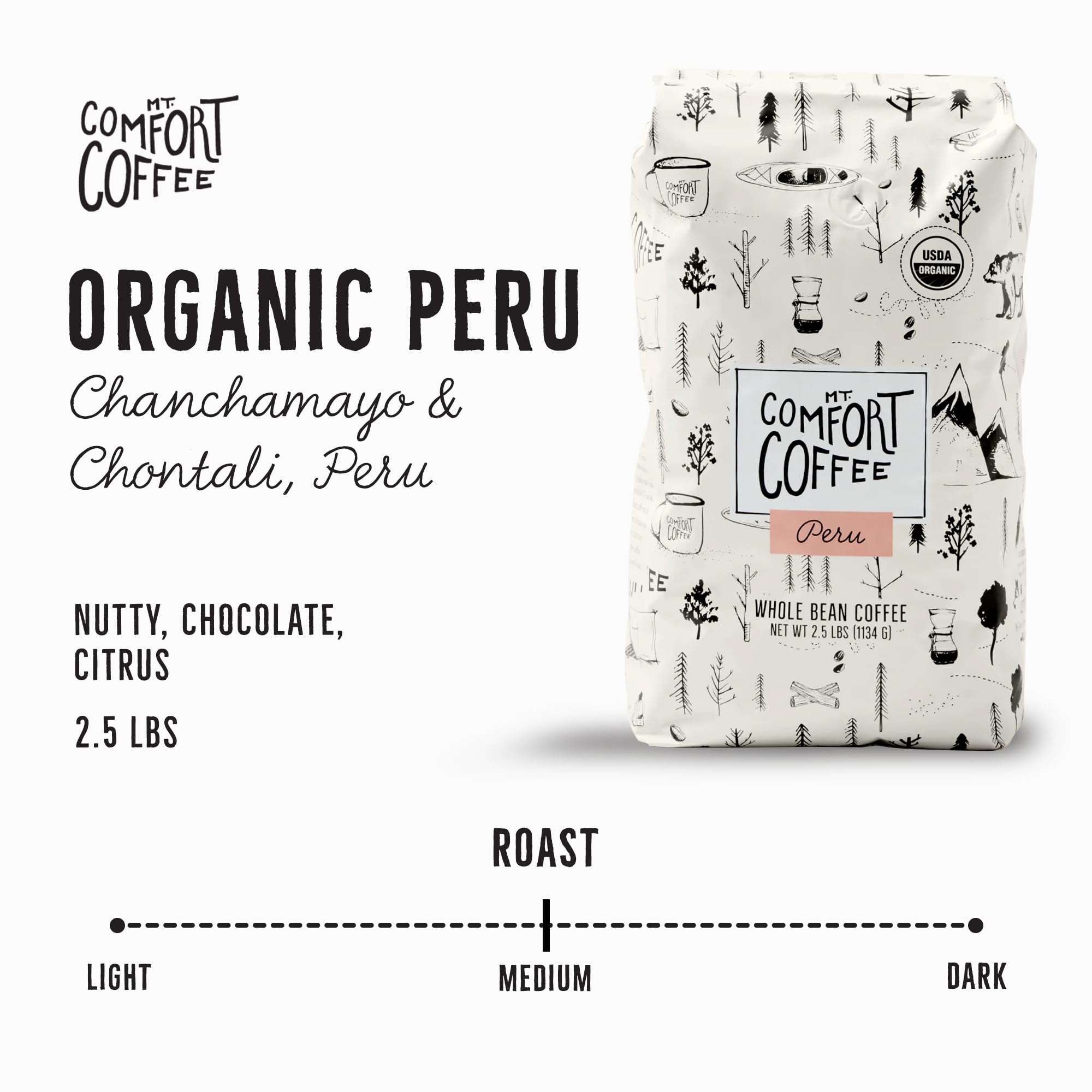 Mt. Comfort Coffee Organic Peru Medium Roast, 2.5 lb Bag - Flavor Notes of Nutty, Chocolate, & Citrus - Sourced From Small, Peruvian Coffee Farms - Roasted Whole Beans