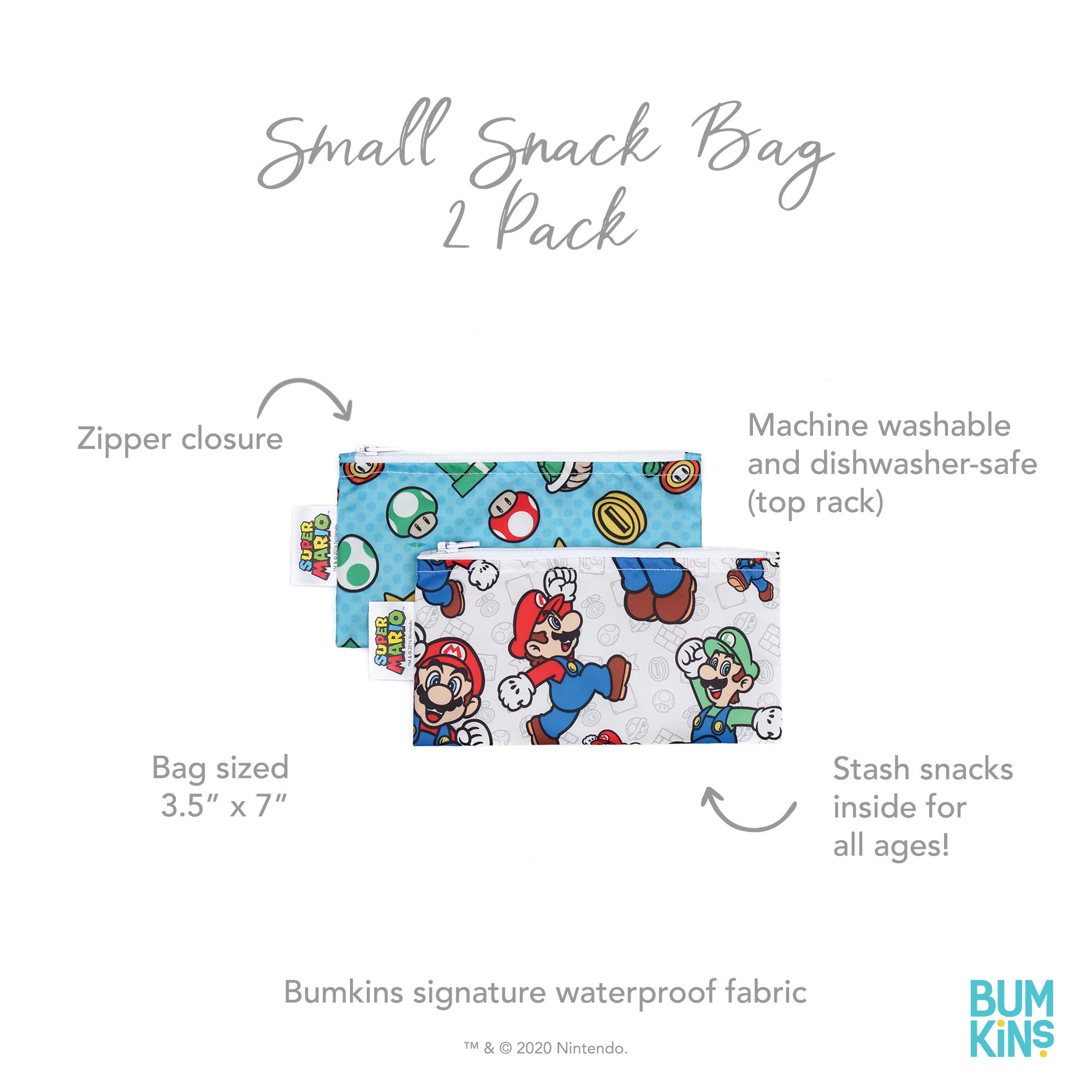Bumkins Snack Bags, Reusable Fabric, Washable, Food Safe, BPA Free - Nintendo Mario & Luigi (2-Pack)