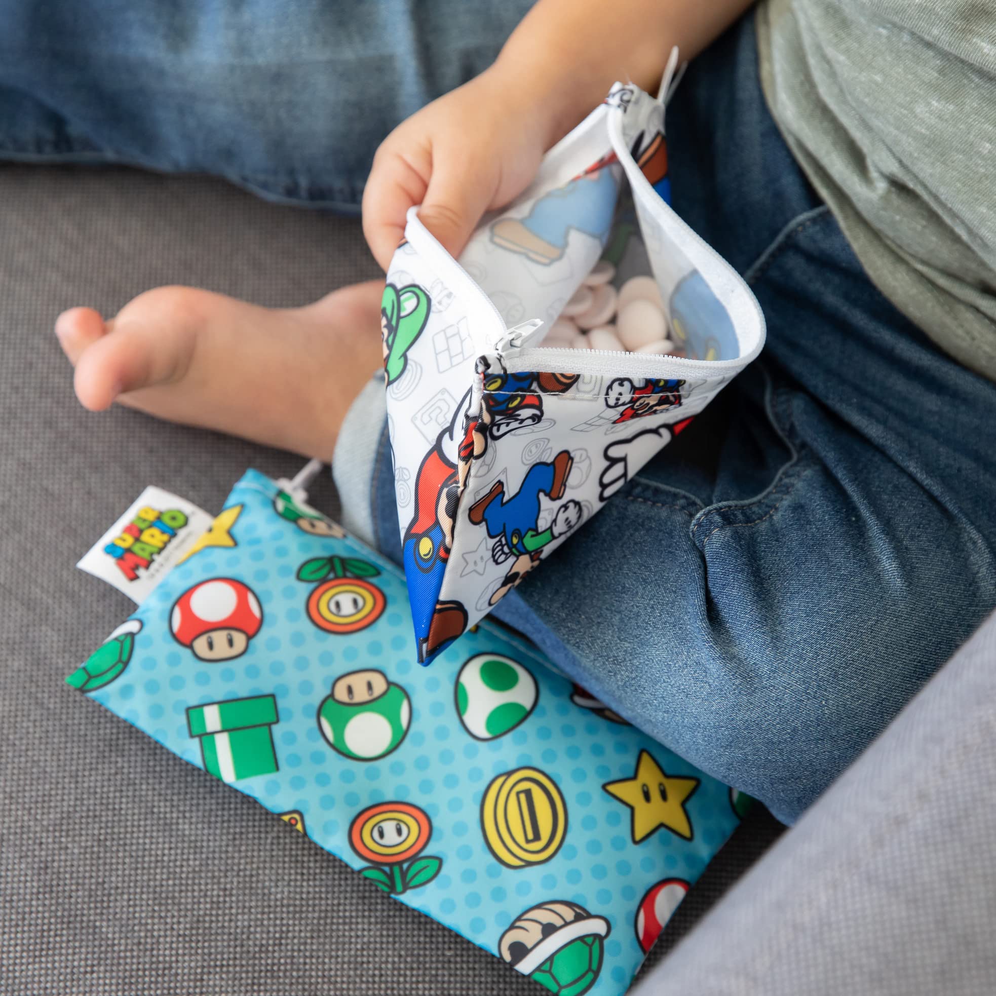 Bumkins Snack Bags, Reusable Fabric, Washable, Food Safe, BPA Free - Nintendo Mario & Luigi (2-Pack)