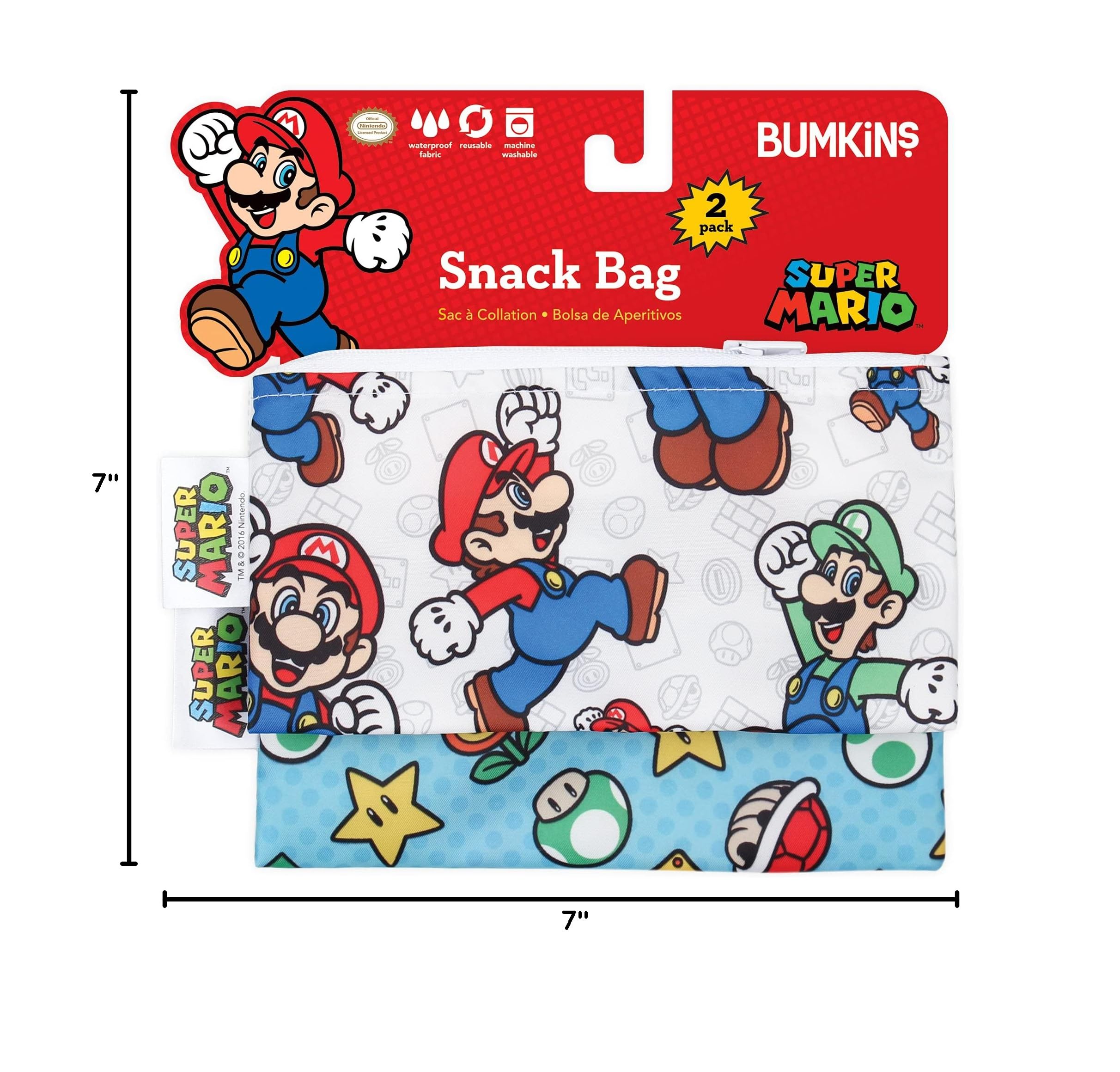 Bumkins Snack Bags, Reusable Fabric, Washable, Food Safe, BPA Free - Nintendo Mario & Luigi (2-Pack)
