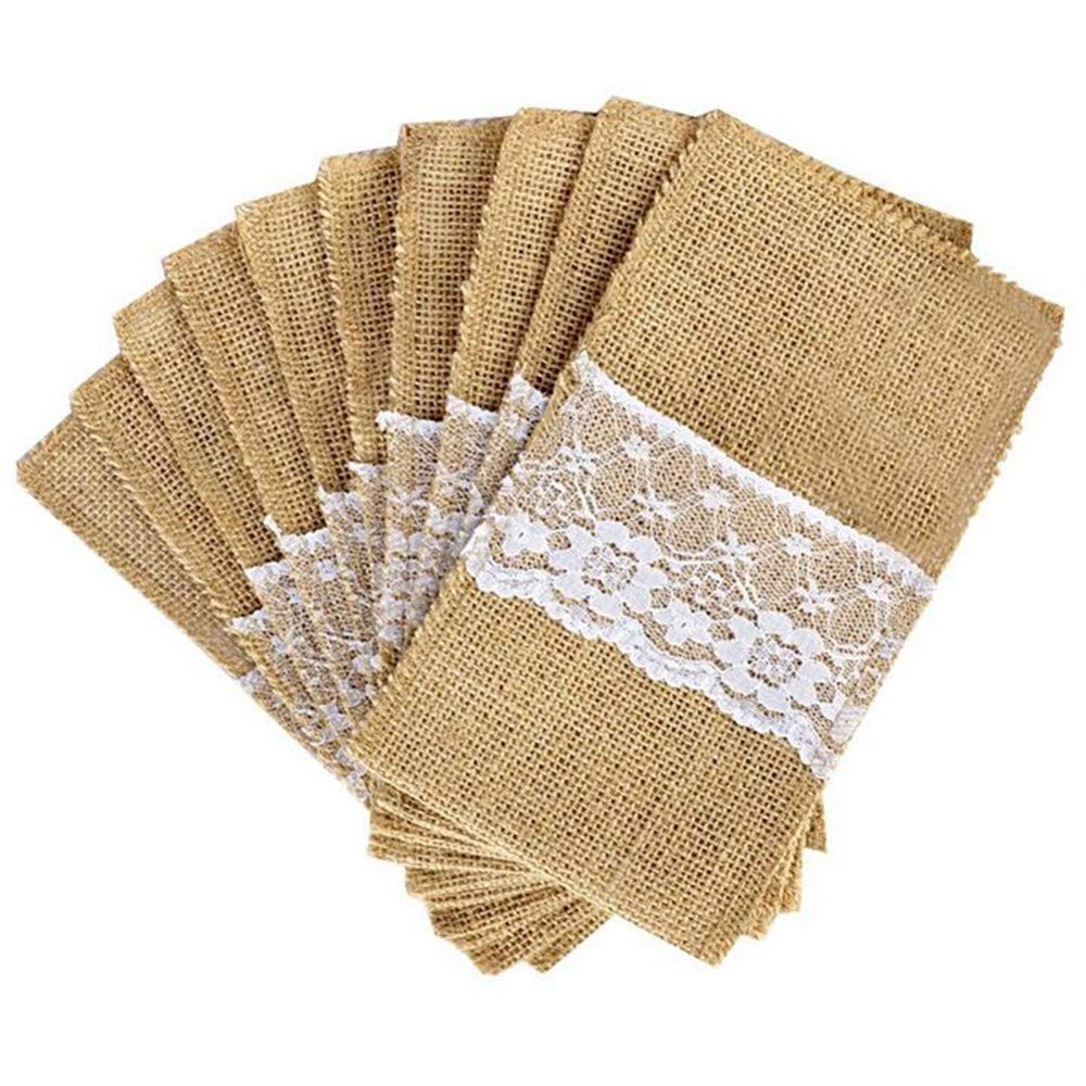 KAISIDA 10PCS Lace Utensil Pouch Knifes Forks Bag Burlap Cutlery Holders for Vintage Natural Wedding (4x8inch)