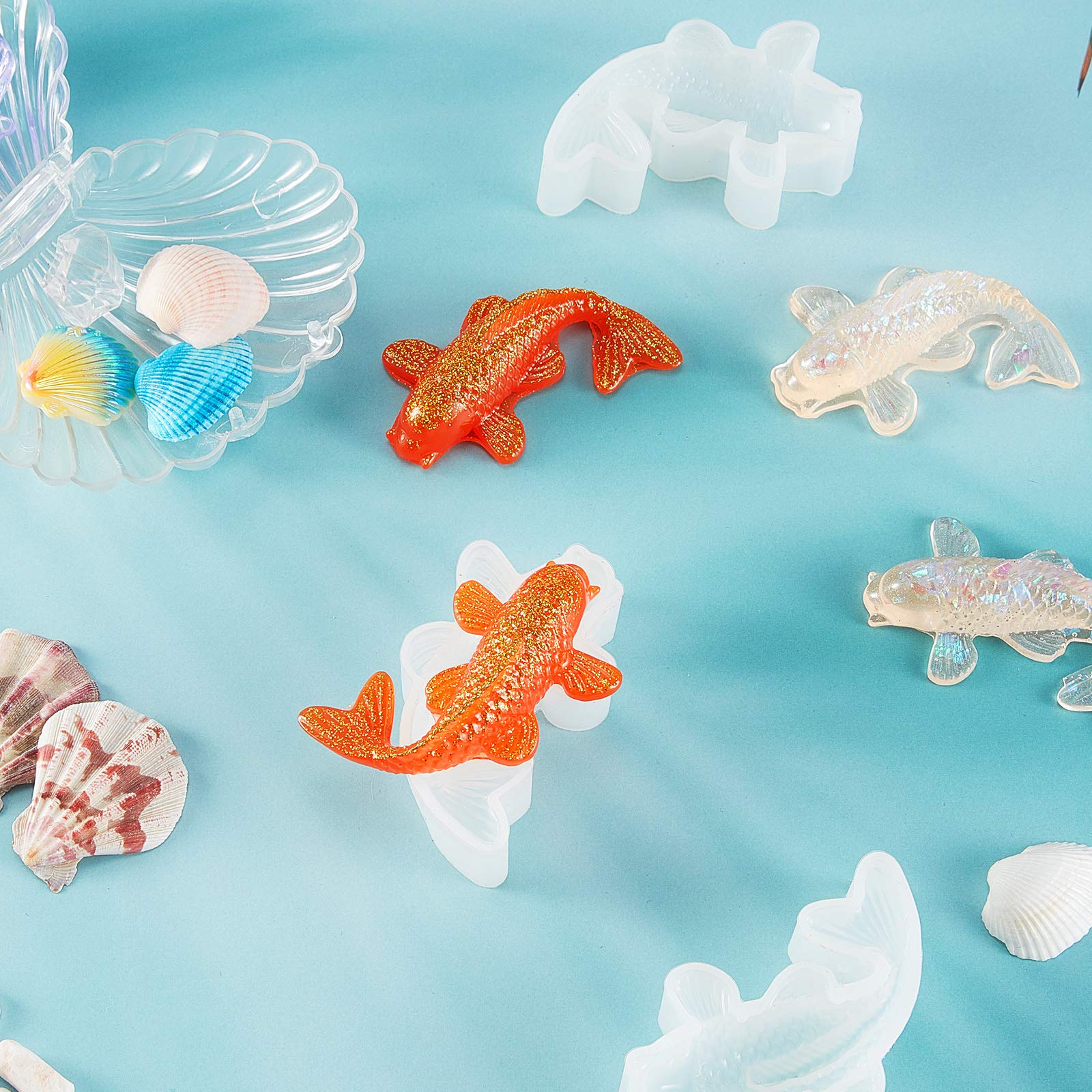 3 Pieces Koi Fish Silicone Resin Molds Koi Goldfish DIY Pendant Epoxy Molds Fish Fondant Moulds with Twelve Color Sequins for DIY Pendant Charms Making Jewelry