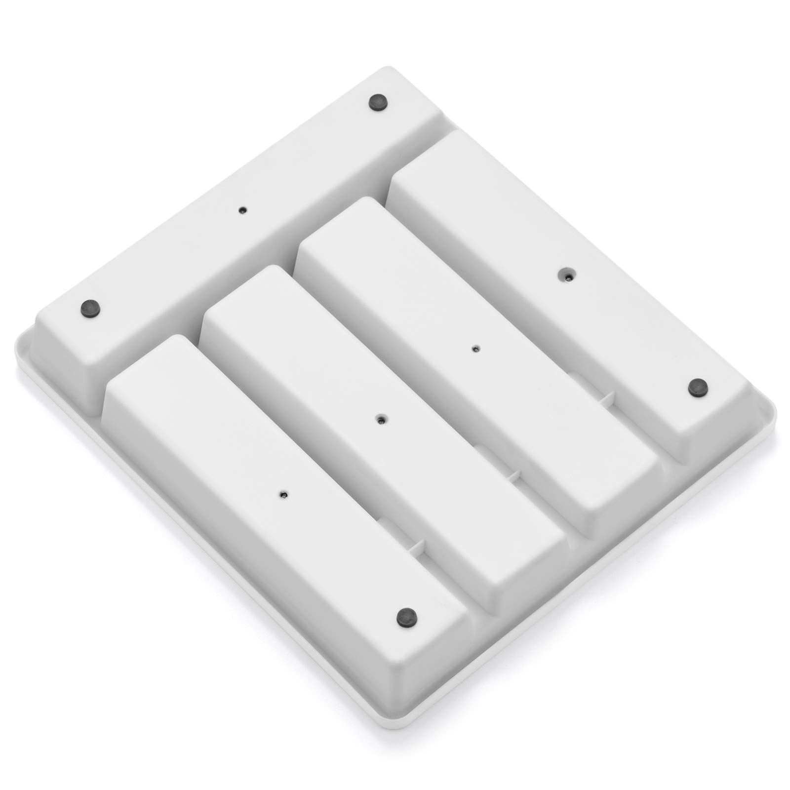 E-far Silverware Tray for Drawer, Small Plastic Utensil Tray Drawer Organizer, 5 Compartment Flatware Cutlery Holder/Divider, White with Gray Non-slip Rubber Grips, 12.6 x 11.4-Inch