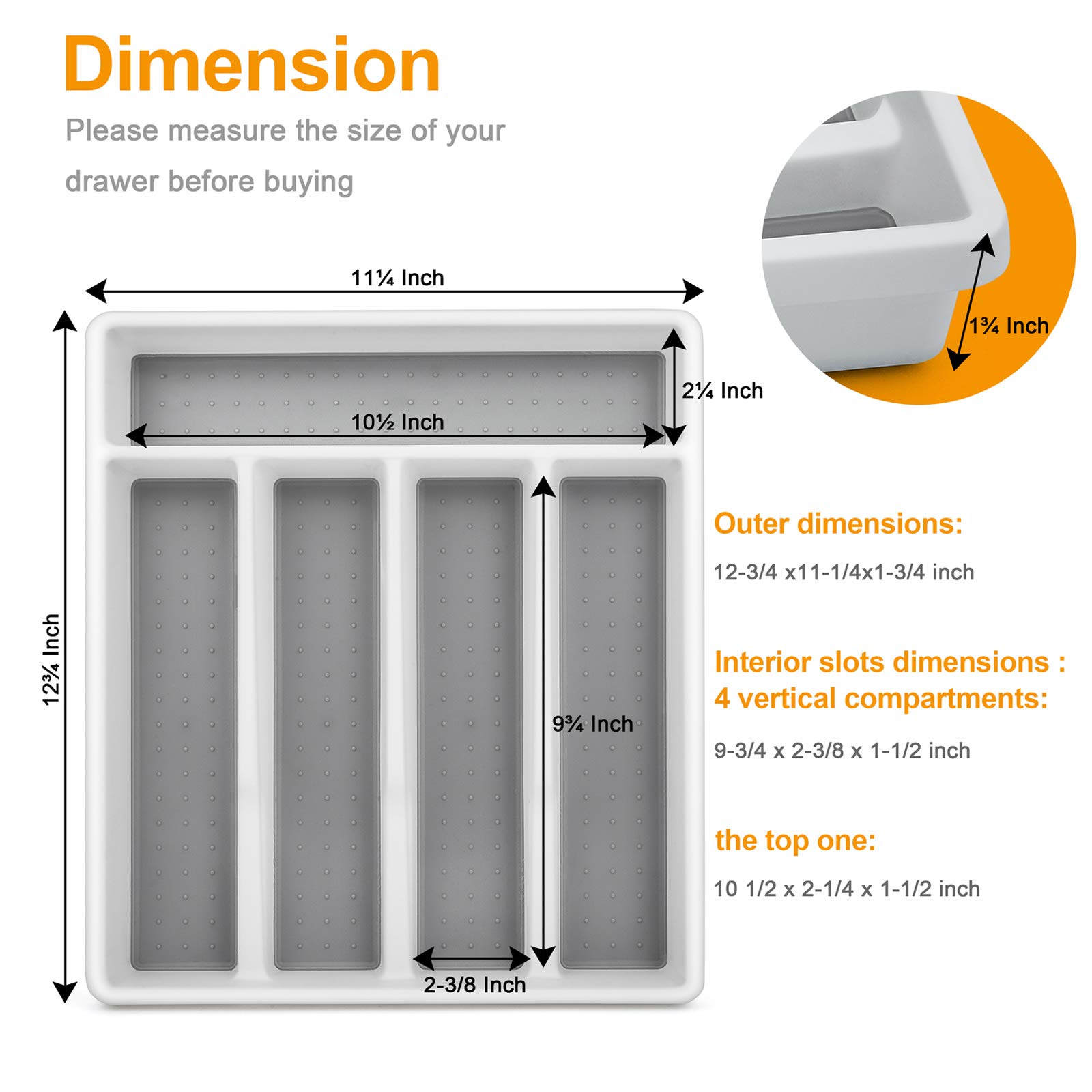 E-far Silverware Tray for Drawer, Small Plastic Utensil Tray Drawer Organizer, 5 Compartment Flatware Cutlery Holder/Divider, White with Gray Non-slip Rubber Grips, 12.6 x 11.4-Inch