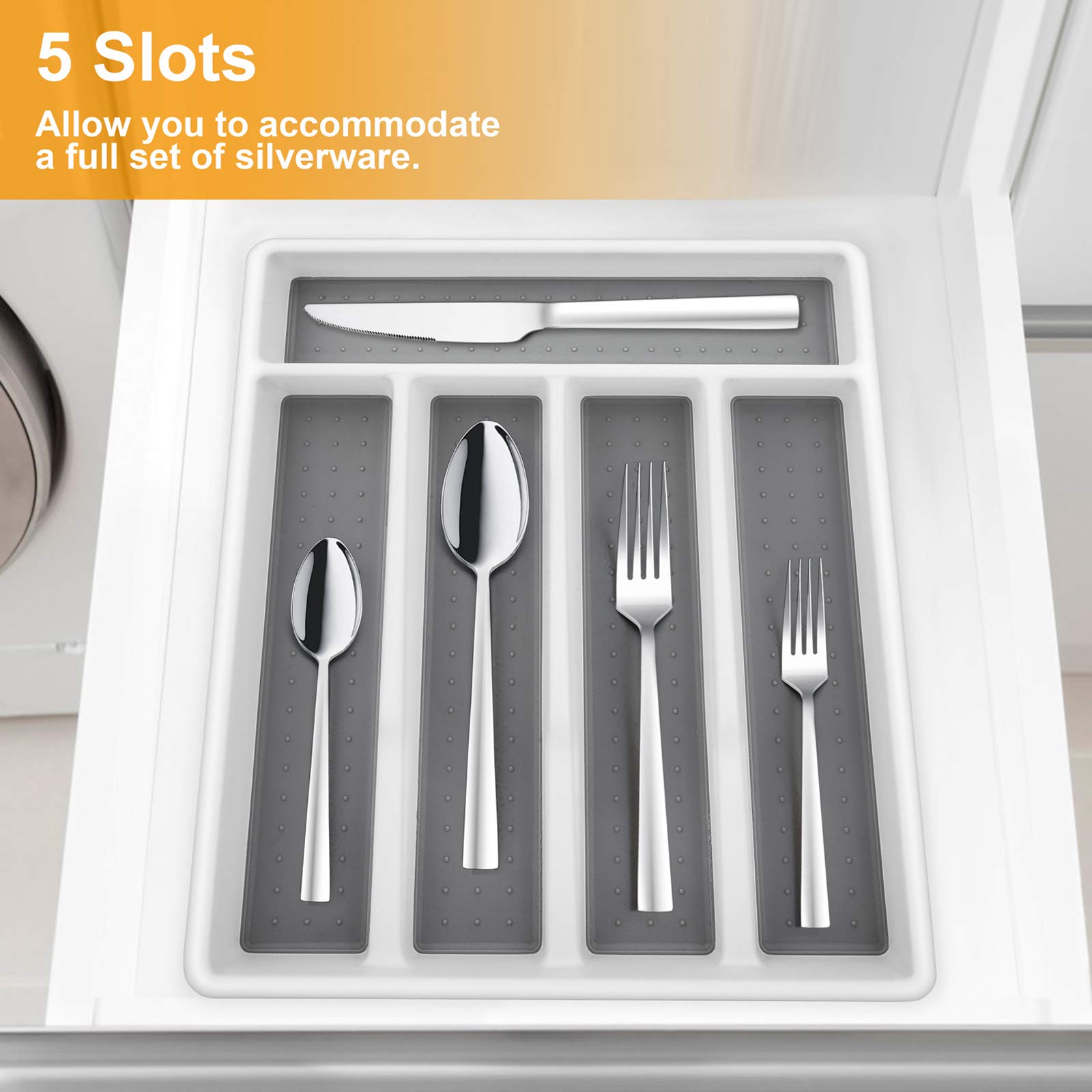 E-far Silverware Tray for Drawer, Small Plastic Utensil Tray Drawer Organizer, 5 Compartment Flatware Cutlery Holder/Divider, White with Gray Non-slip Rubber Grips, 12.6 x 11.4-Inch