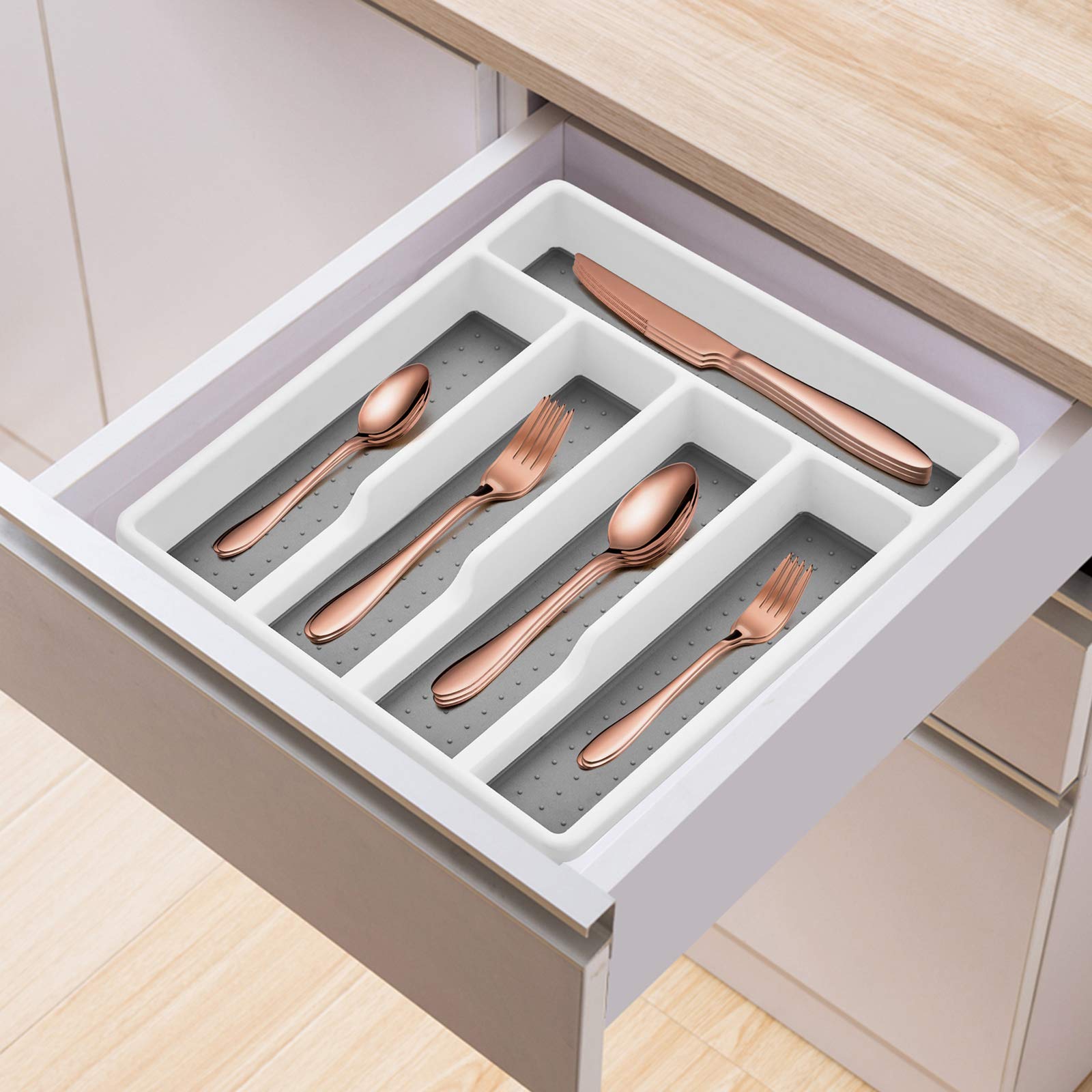 E-far Silverware Tray for Drawer, Small Plastic Utensil Tray Drawer Organizer, 5 Compartment Flatware Cutlery Holder/Divider, White with Gray Non-slip Rubber Grips, 12.6 x 11.4-Inch